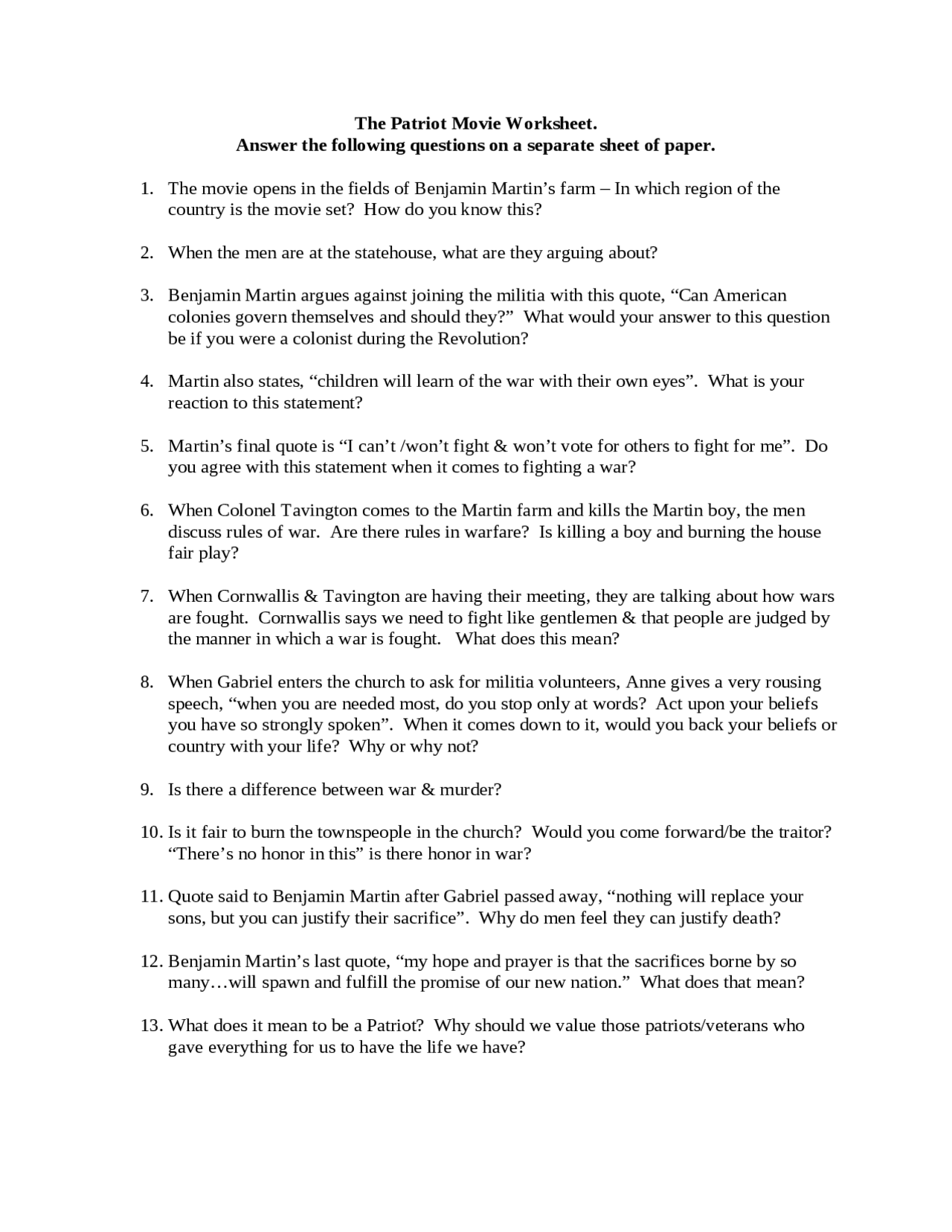 The Patriot Movie Guide Question | Assignments History | Docsity