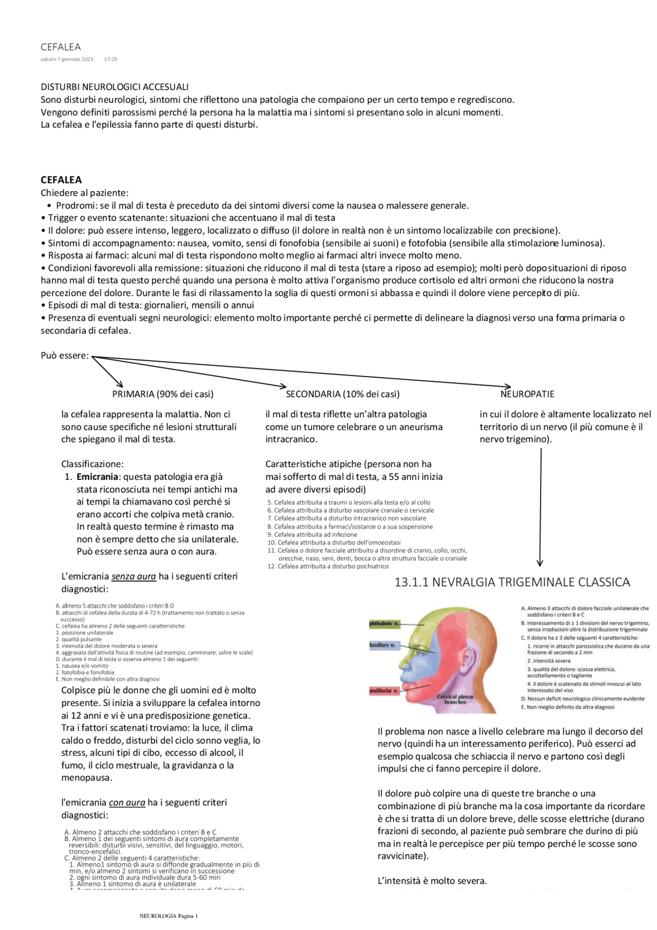 Appunti Sulla Cefalea Schemi E Mappe Concettuali Di Neurologia Docsity