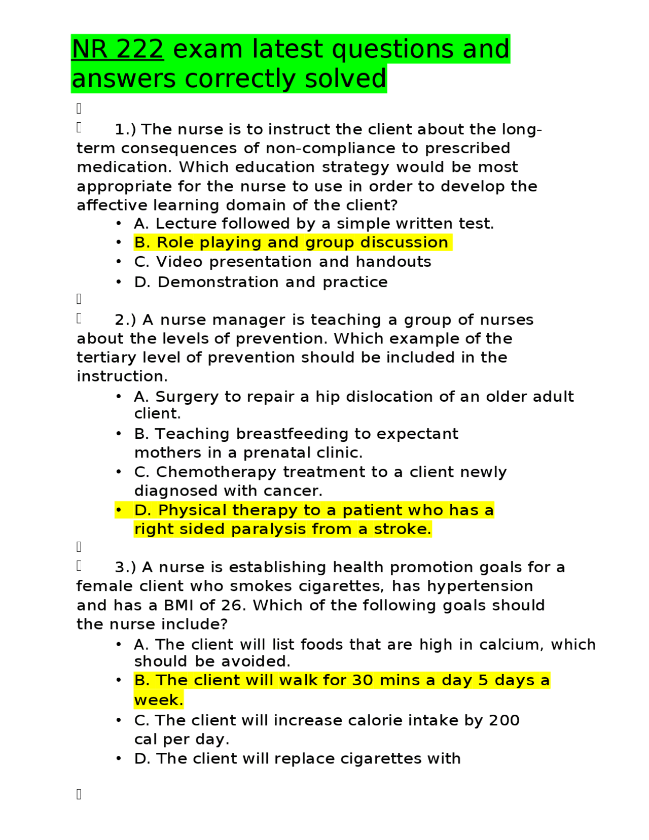 NR 222 Exam Questions and Answers | Exams Nursing | Docsity