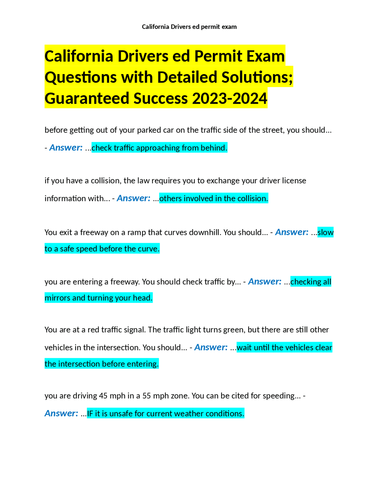 California Drivers ed Permit Exam Questions with Detailed | Exams ...