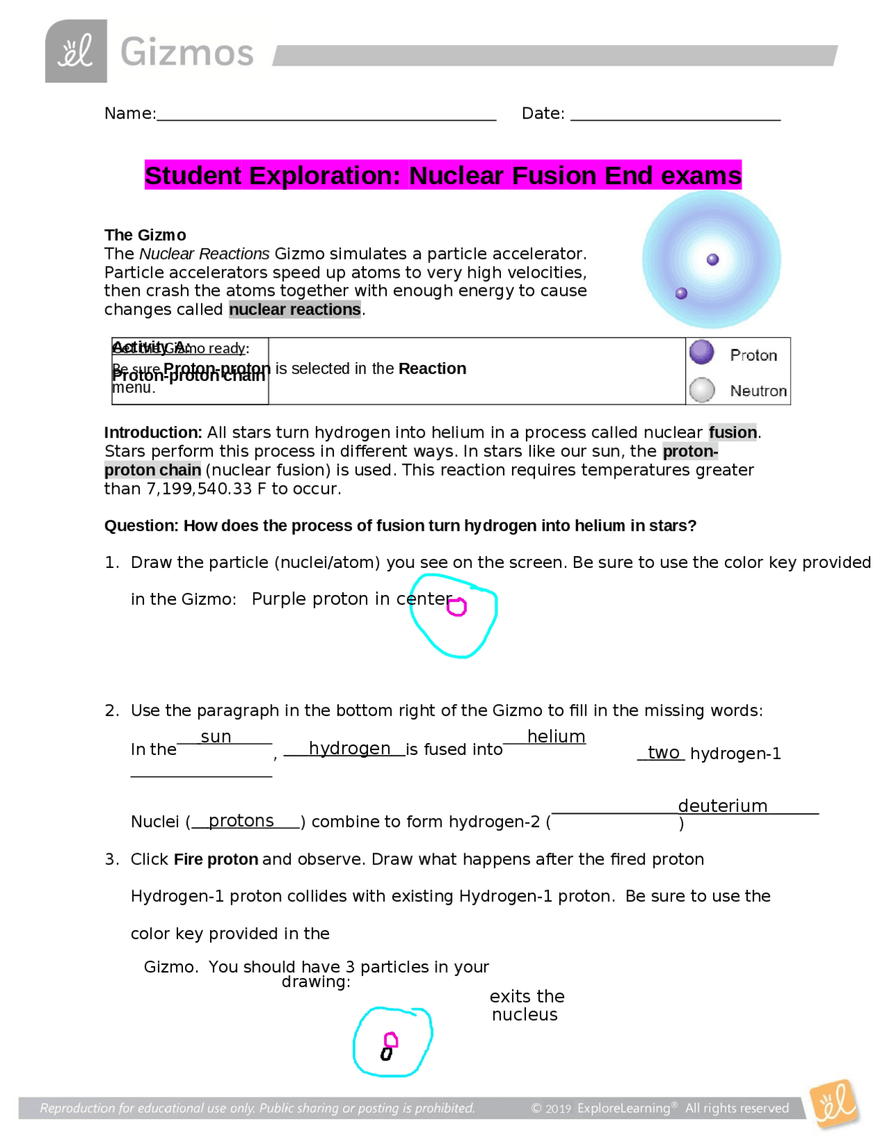 Student Exploration: Nuclear Fusion End exams | Exams Chemistry | Docsity