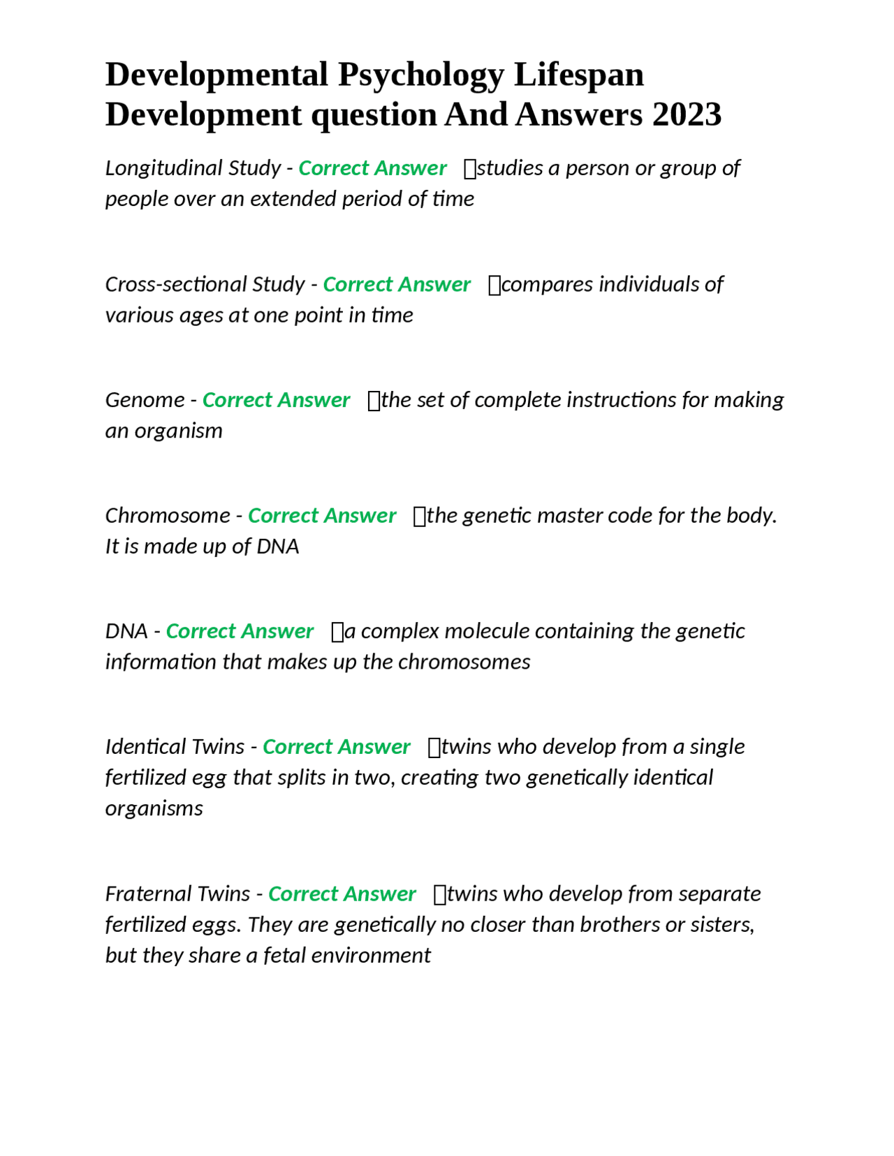 Developmental Psychology Lifespan Development question And Answers 2023 ...