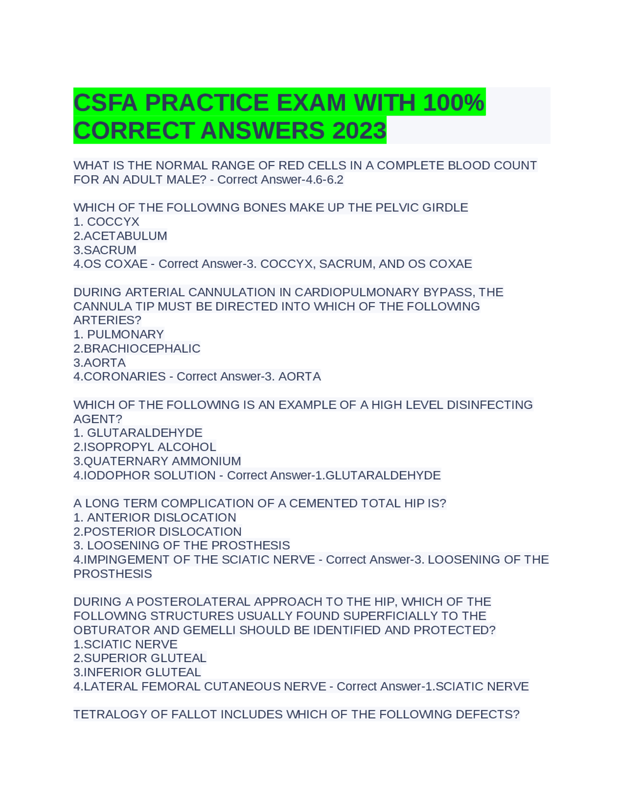 CSFA PRACTICE EXAM WITH 100% CORRECT ANSWERS 2023 | Exams Nursing | Docsity