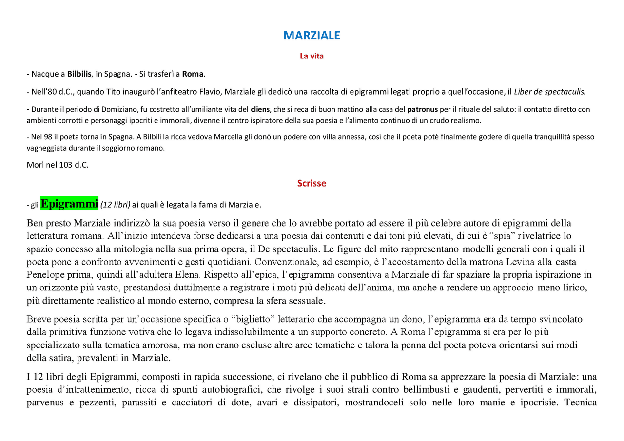 Quadro chiaro, breve e sintetico della vita, delle opere e del pensiero di Marziale. | Schemi e ...