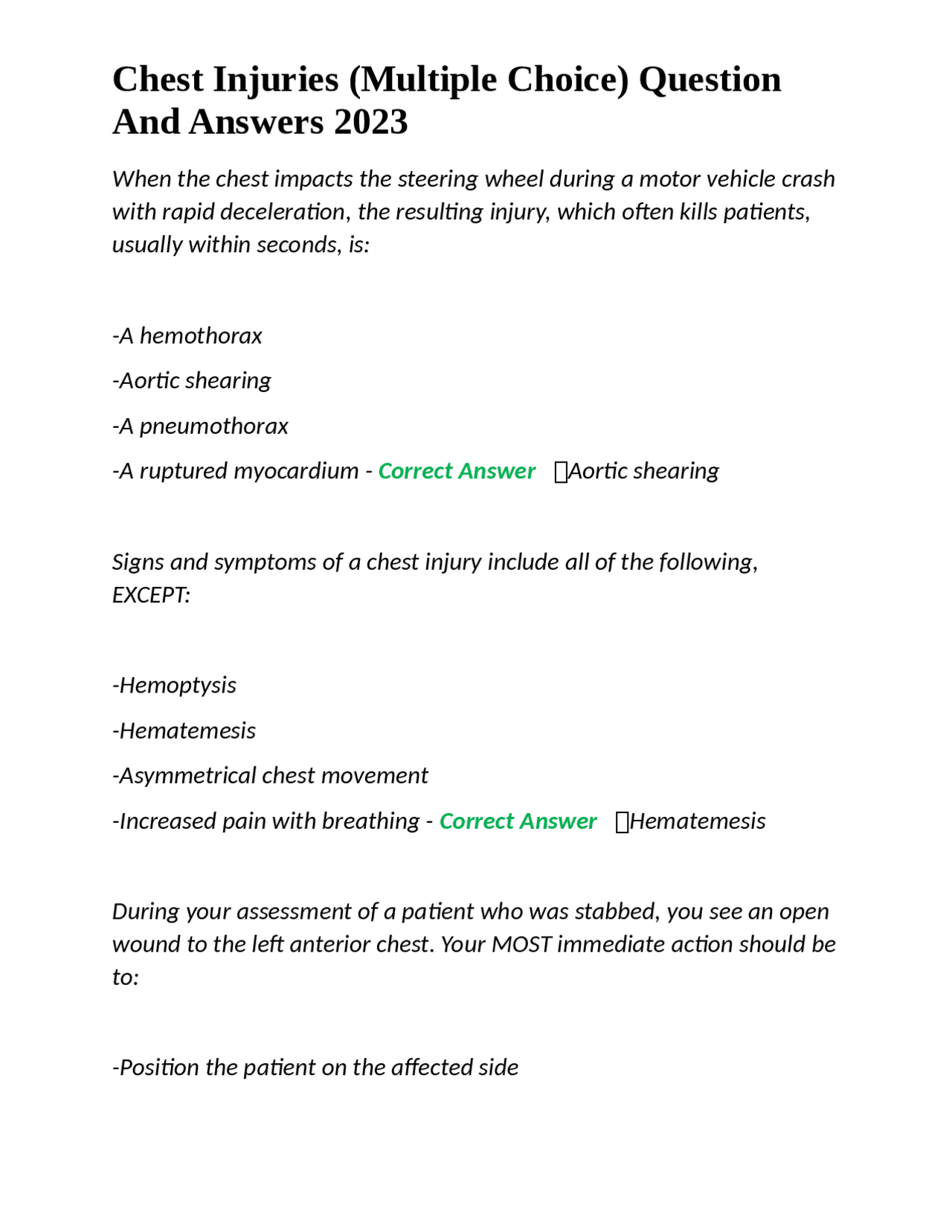 Chest Injuries Multiple Choice Question And Answers 2023 Exams