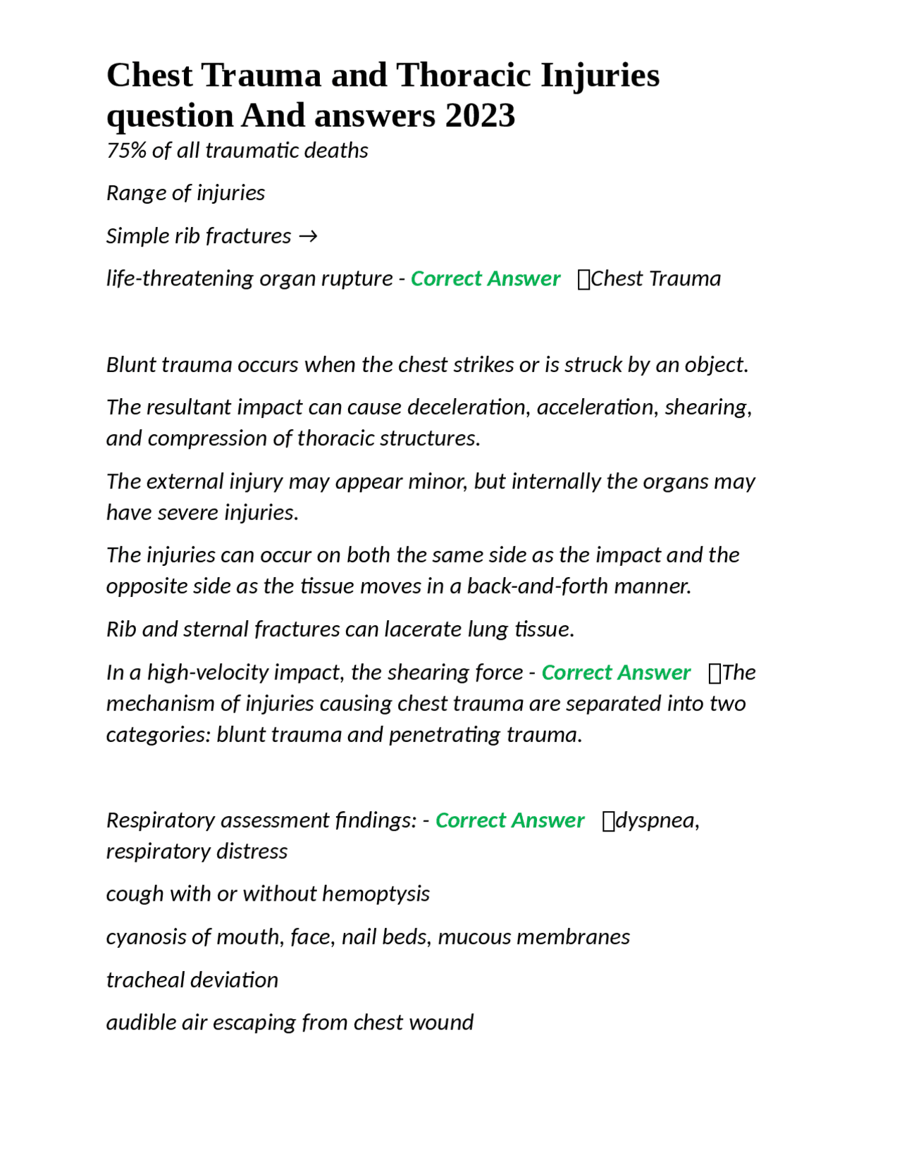 Chest Trauma and Thoracic Injuries question And answers 2023 | Exams ...
