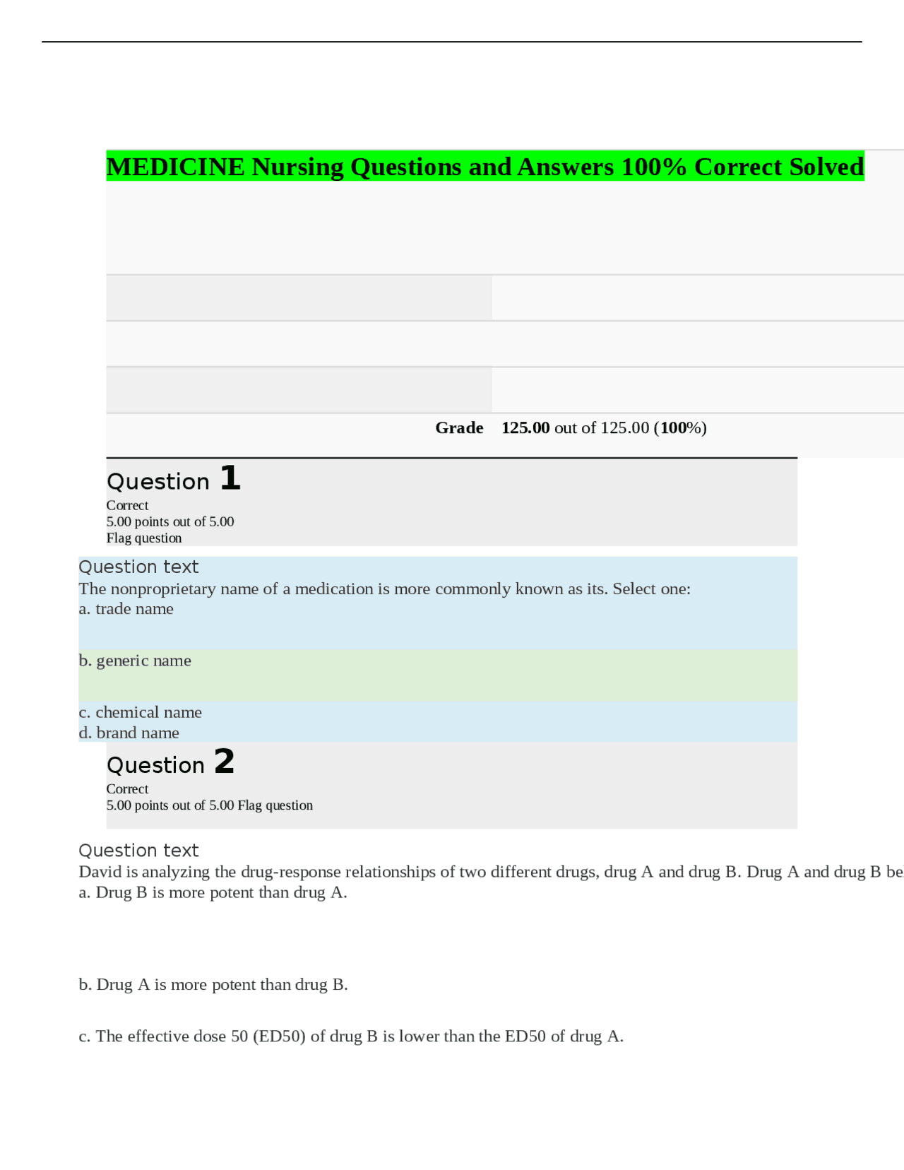 MEDICINE Nursing Questions and Answers 100% Correct Solved | Exams ...