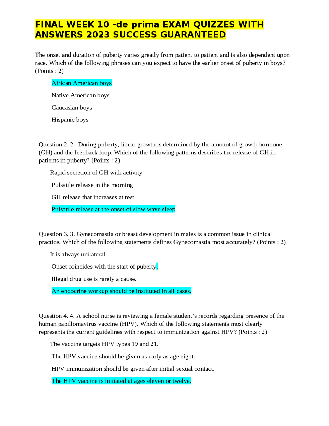 FINAL WEEK 10 –de prima EXAM QUIZZES WITH ANSWERS 2023 SUCCESS ...