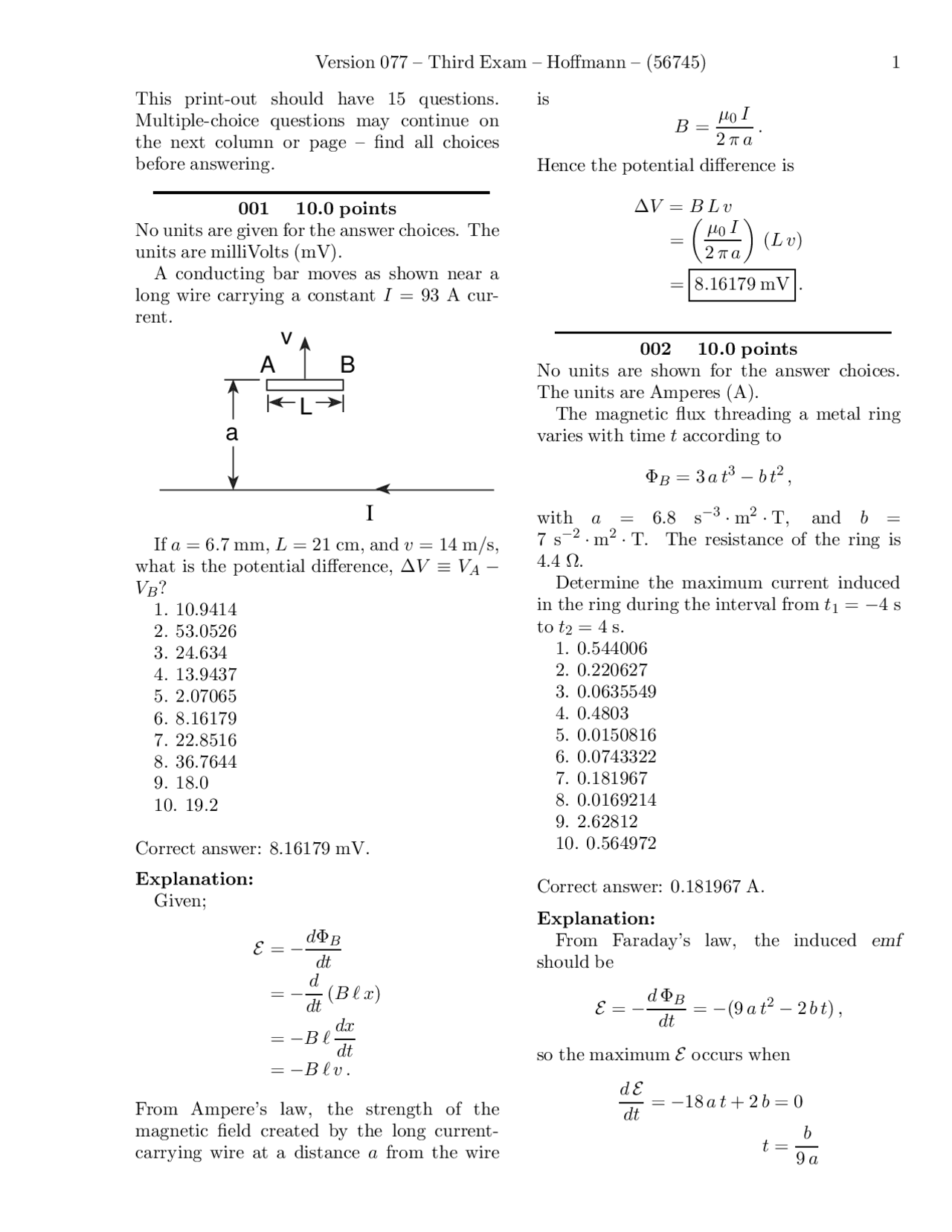 Electromagnetic Induction and Circuit Analysis | Exercises Physics | Docsity