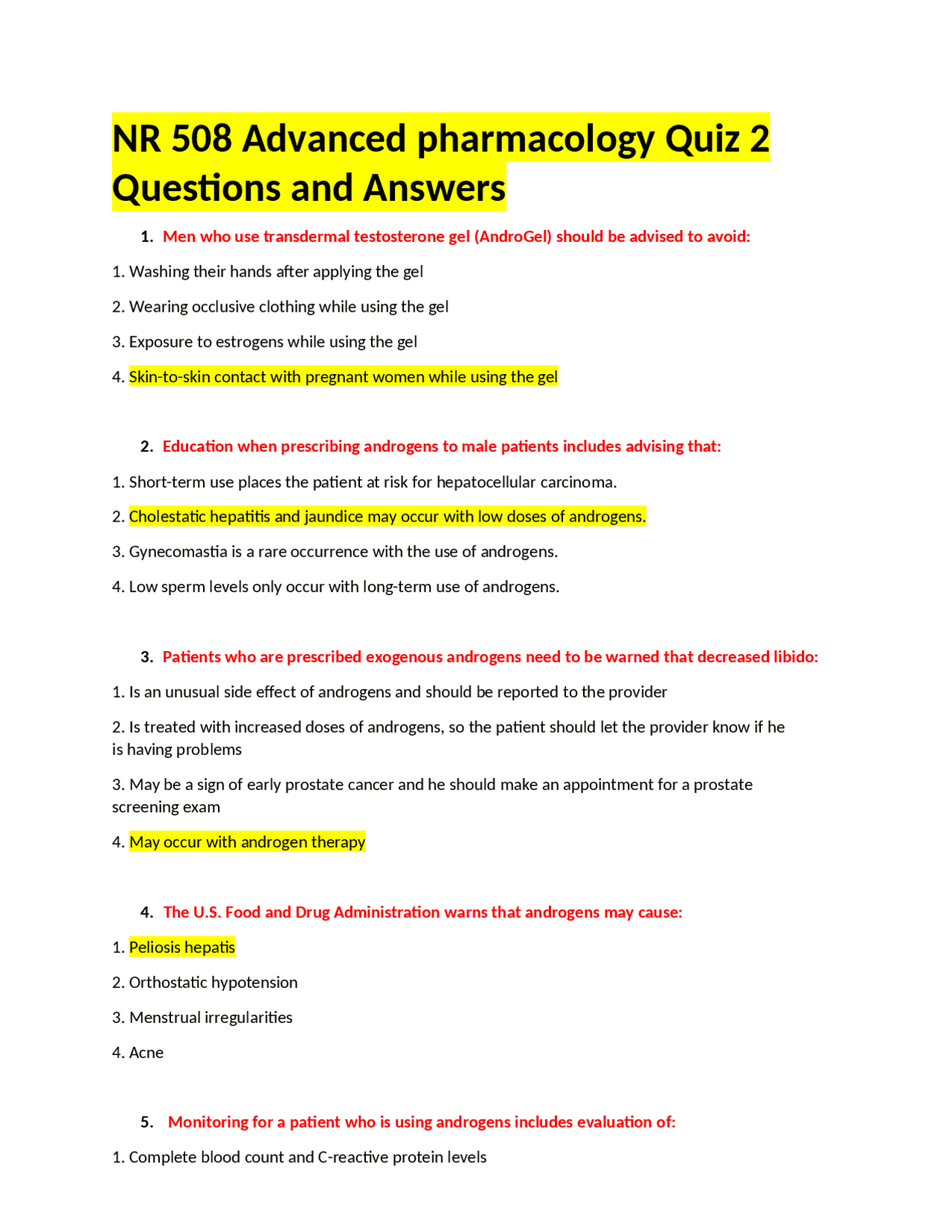 NR 508 Advanced pharmacology Quiz 2 Questions and Answers | Exams ...