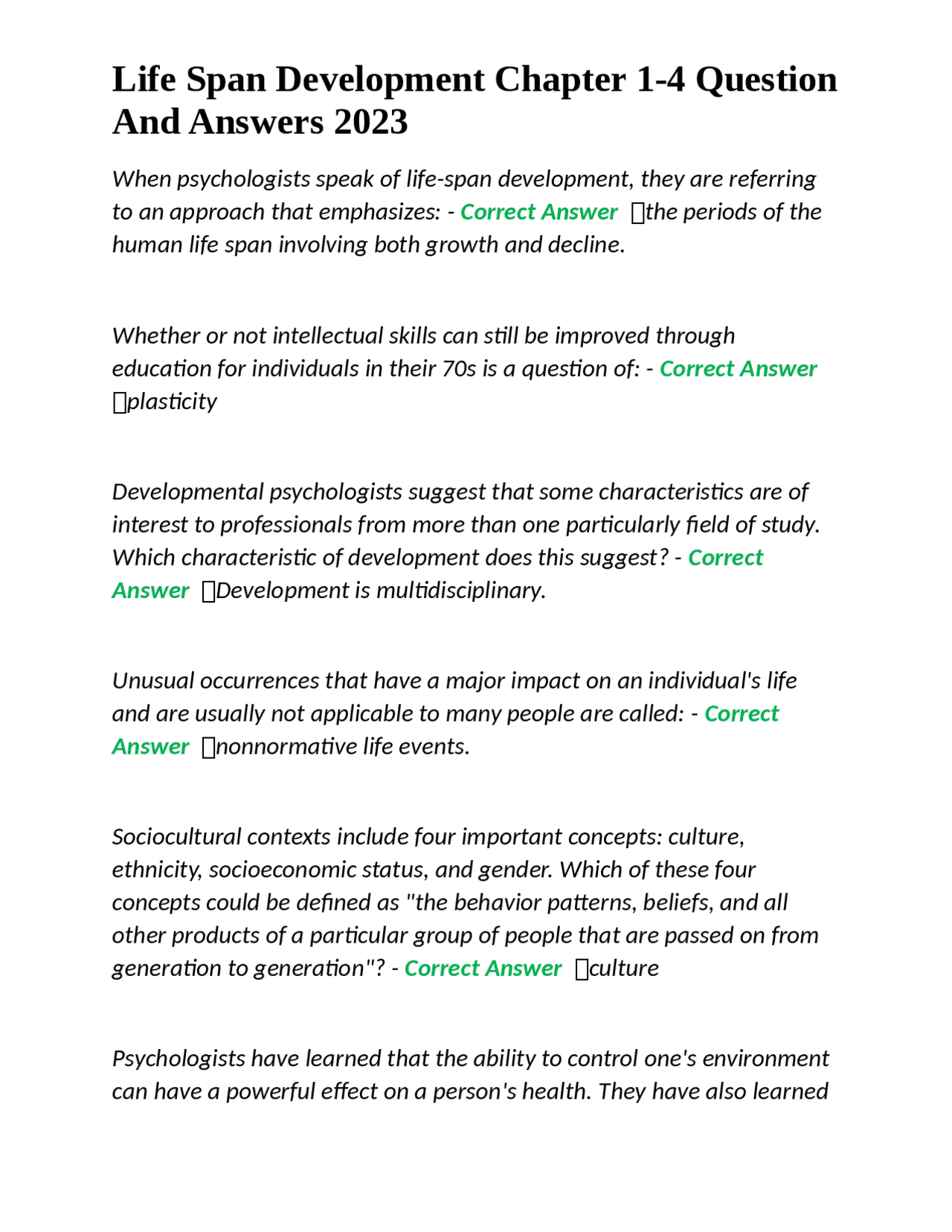 Life Span Development Chapter 1-4 Question And Answers 2023 | Exams ...