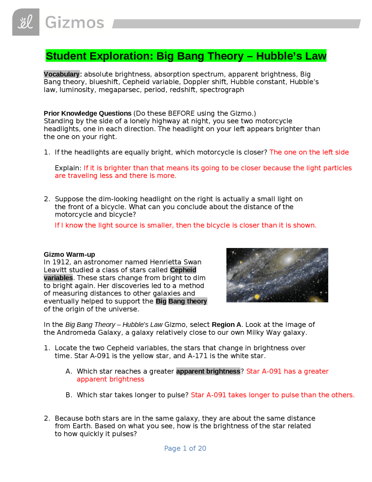 Student Exploration: Big Bang Theory – Hubble’s Law | Exams Network ...