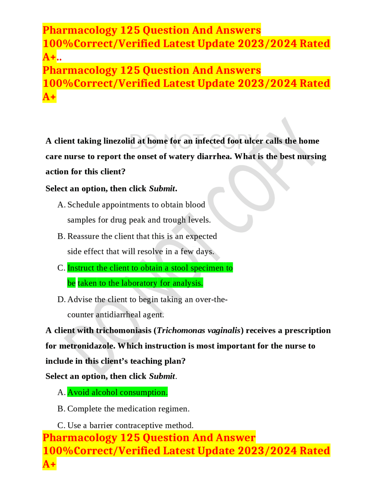 Pharmacology 125 Question And Answers 100%Correct/Verified Latest ...