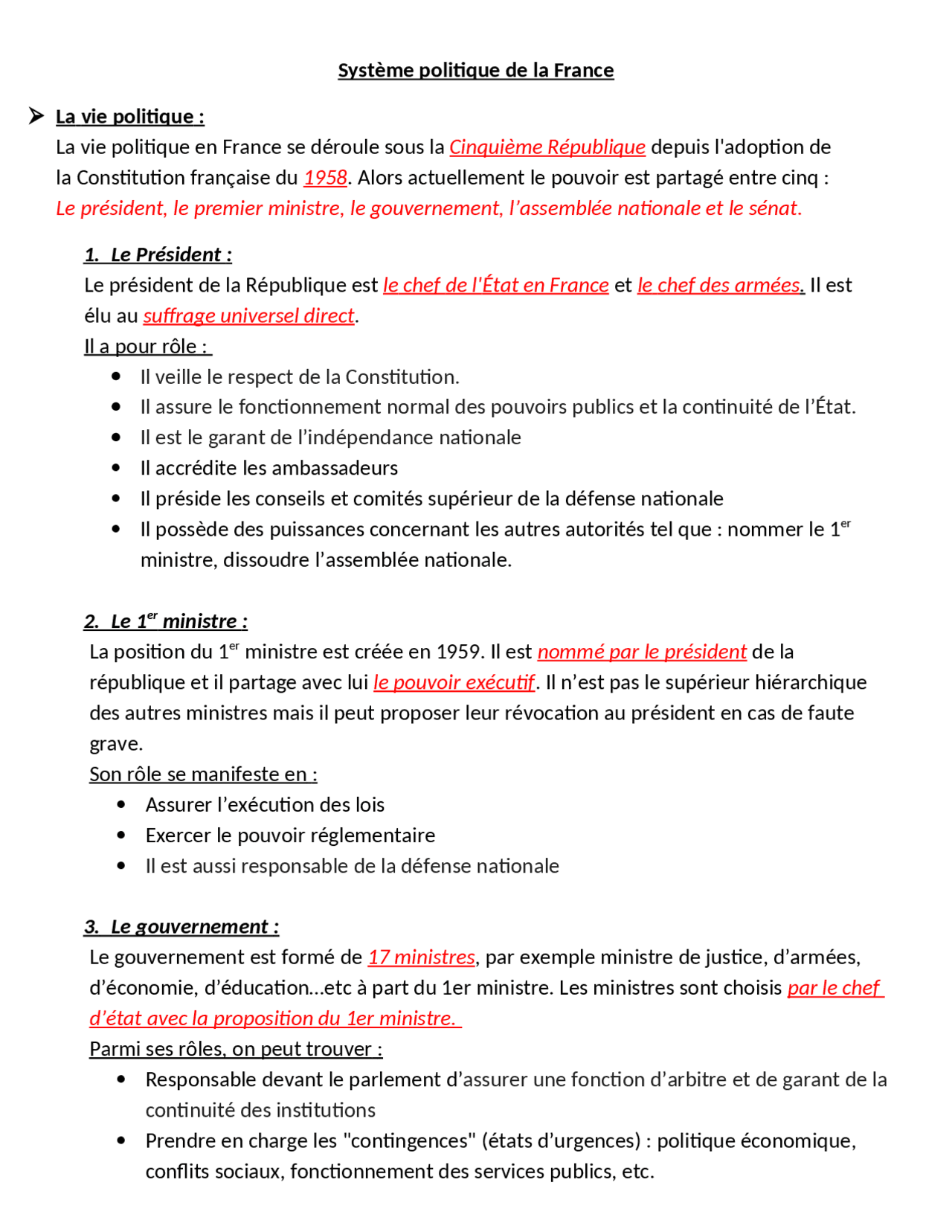 Le systeme politique de la France | Cheat Sheet Cultural Studies | Docsity