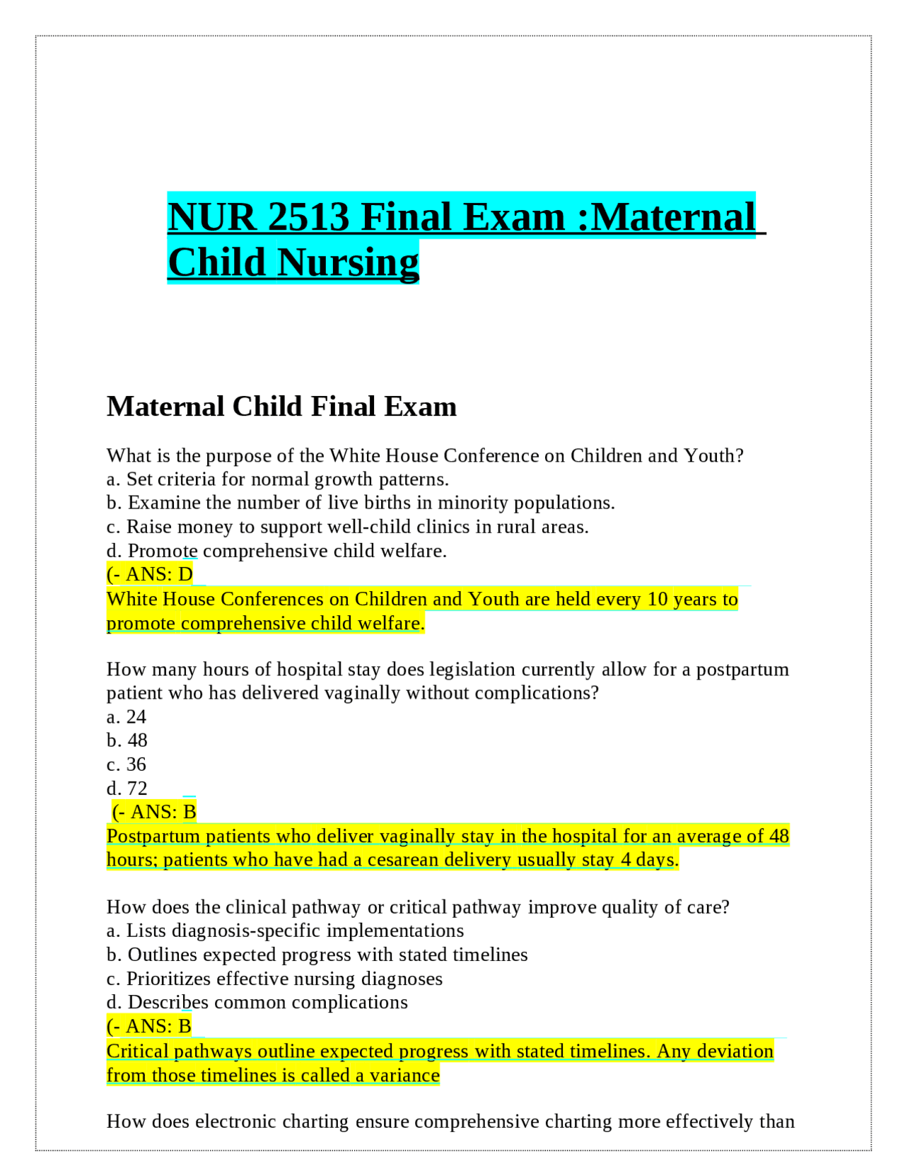 NUR 2513 Final Exam :Maternal Child Nursing | Exams Medicine | Docsity
