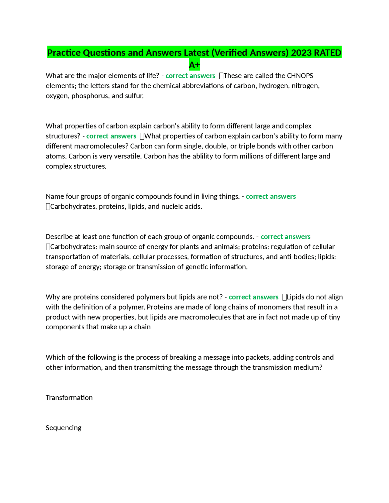 Practice Questions And Answers Latest Verified Answers 2023 Rated A