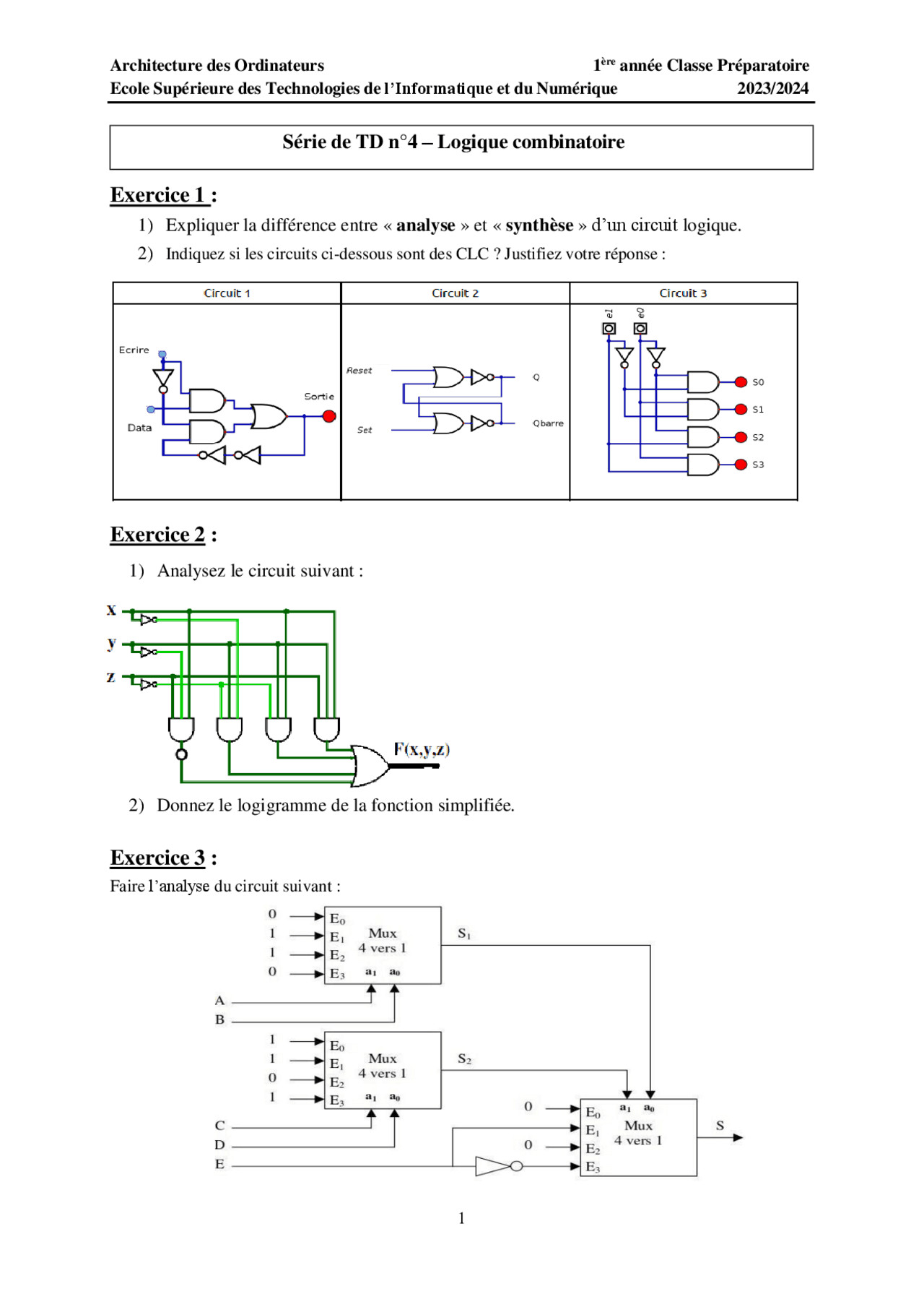 Logique combinatoires | Exercises Combinatorics | Docsity