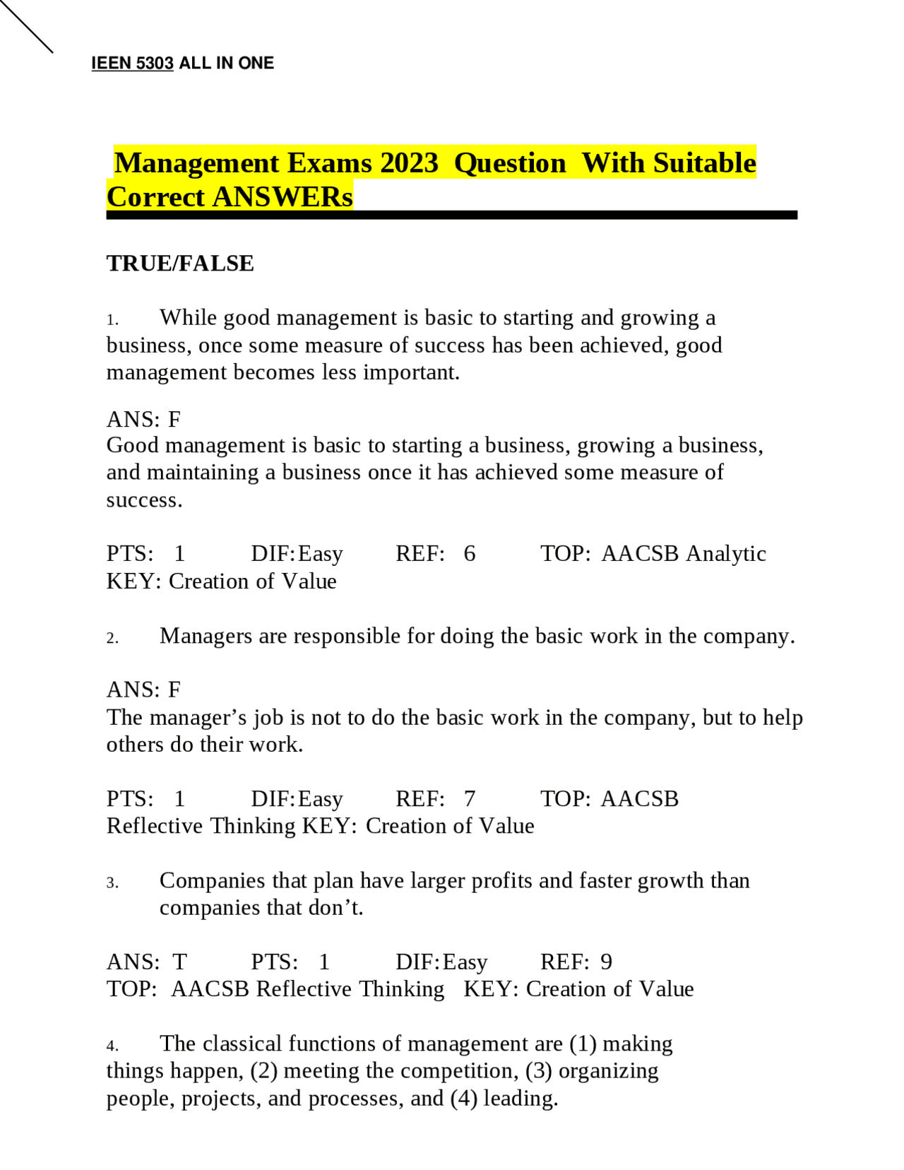 Management Exams 2023 Question With Suitable Correct ANSWERs | Exams ...