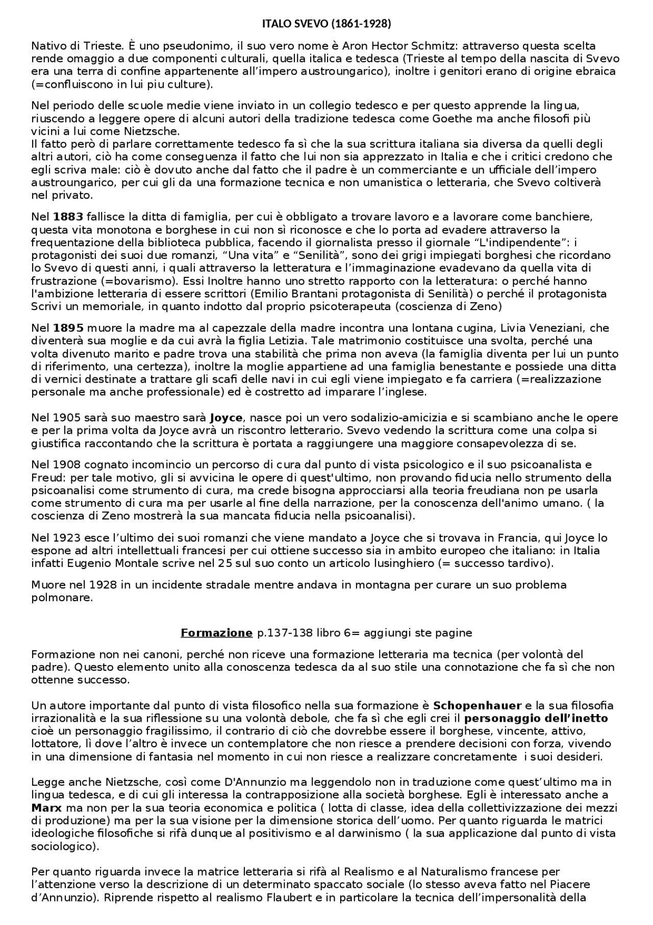 Svevo e Pirandello Riassunto | Appunti di Italiano | Docsity