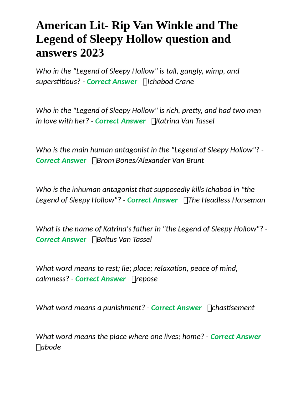 American Lit- Rip Van Winkle and The Legend of Sleepy Hollow question ...