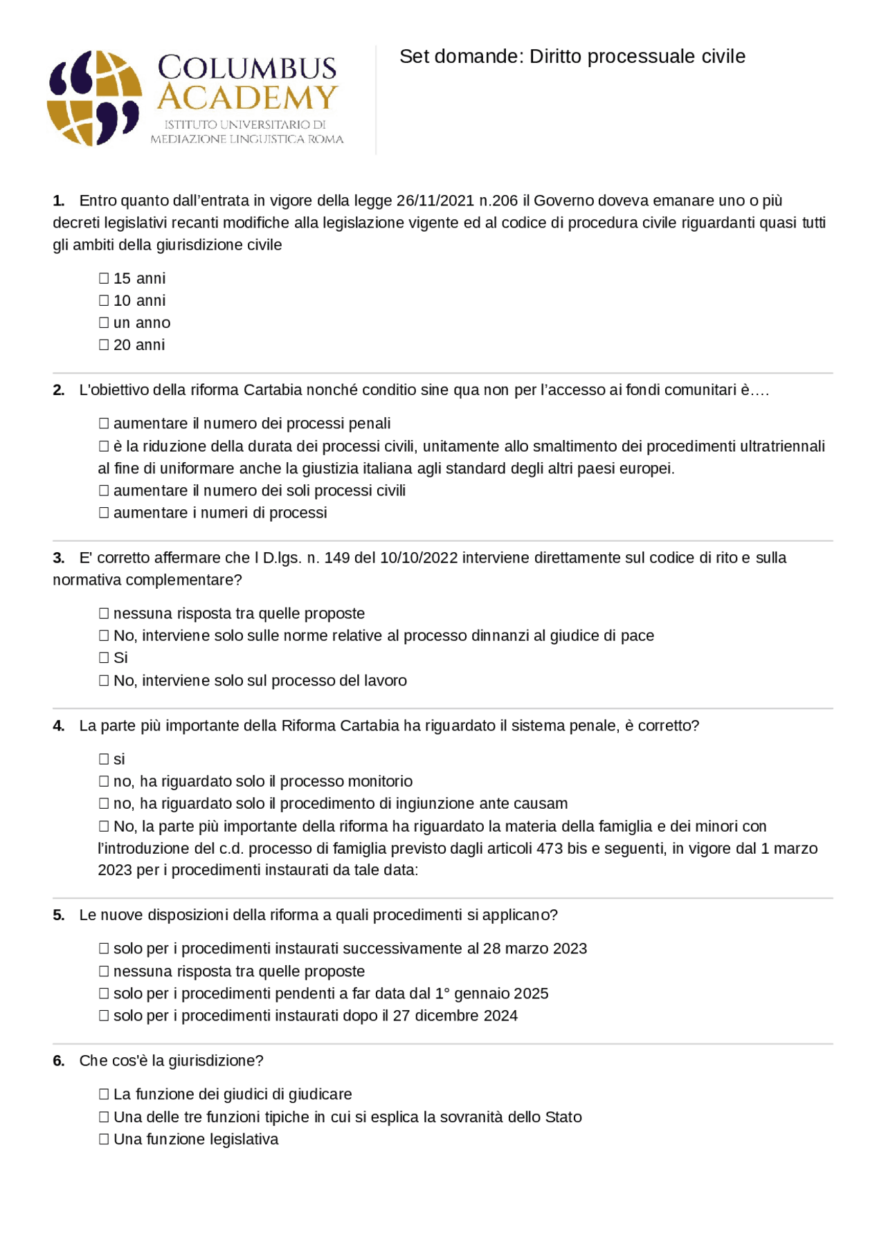 Paniere Domande Diritto Processuale Civile Columbus Word Panieri Di