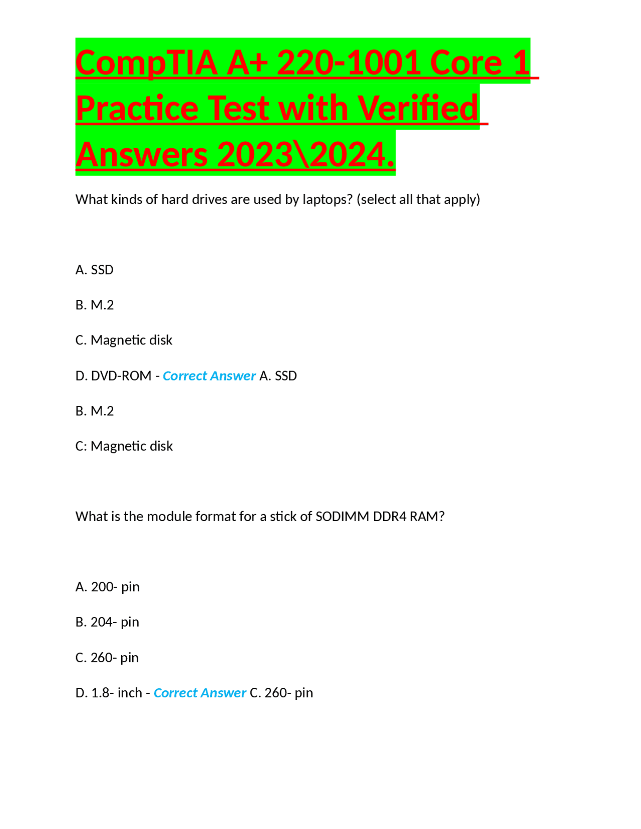 CompTIA A+ 220-1001 Core 1 Practice Test with Verified Answers 2023 ...