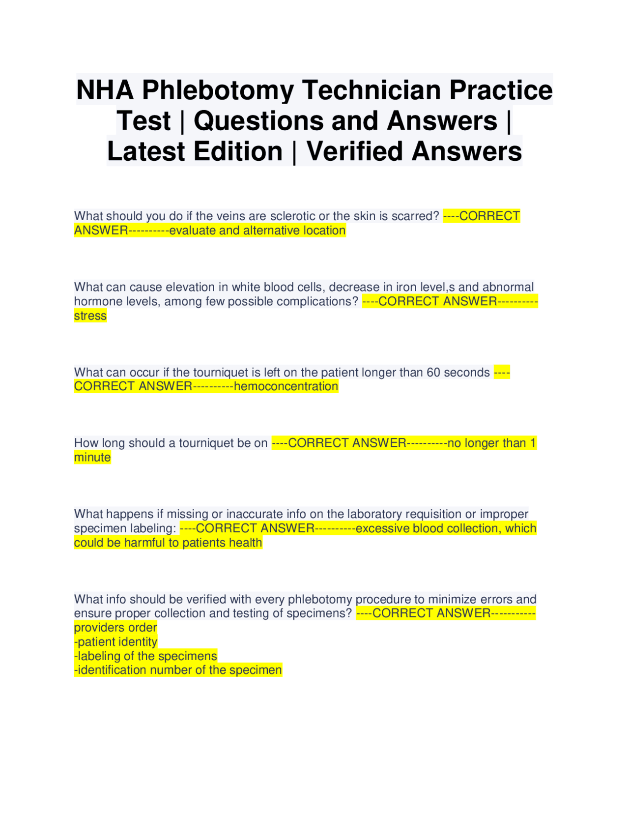 NHA Phlebotomy Technician Practice Test | Questions and Answers ...
