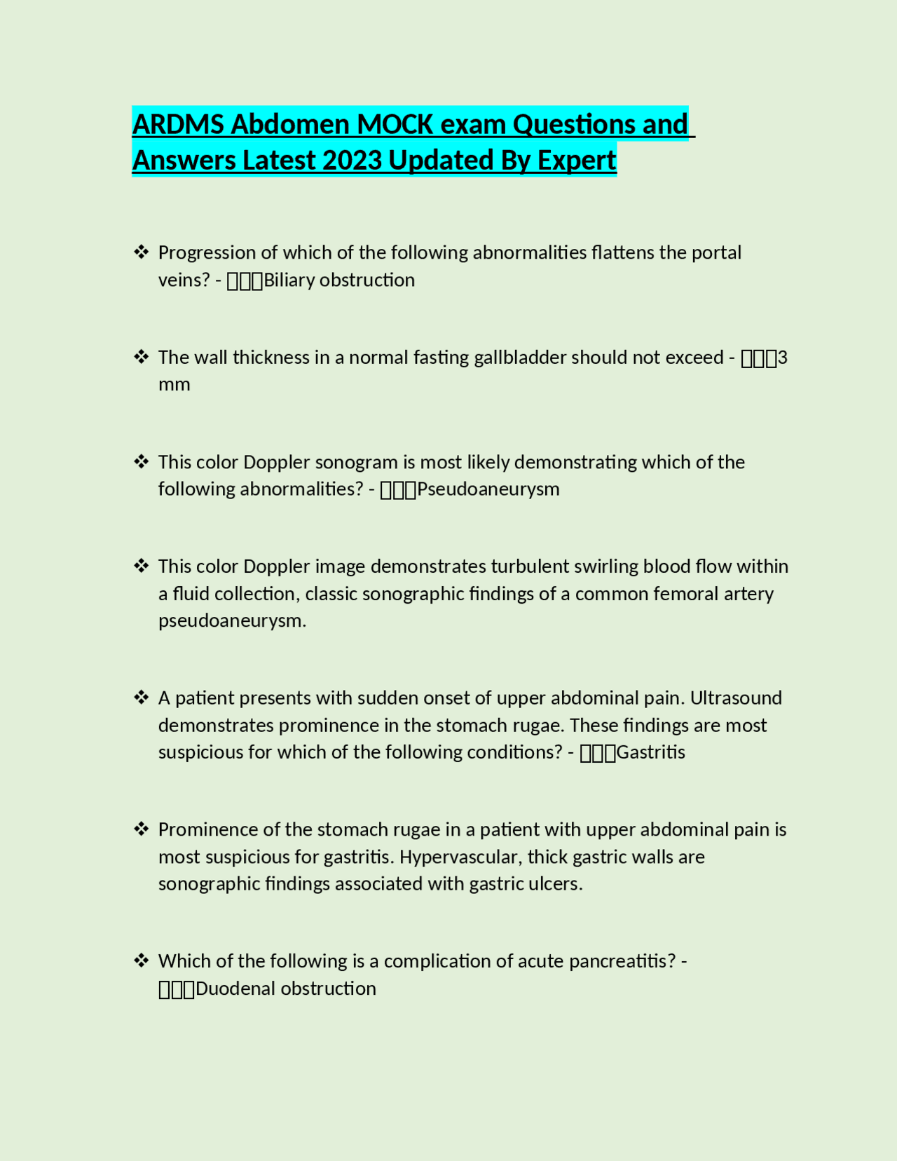 ARDMS Abdomen MOCK exam Questions and Answers Latest 2023 Updated By ...