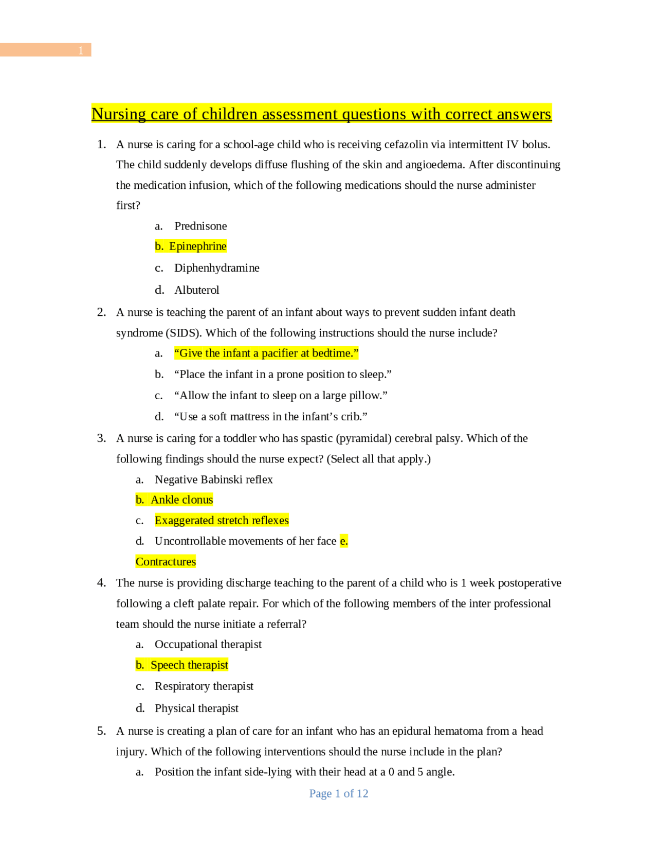 Nursing care of children assessment questions with correct answers ...