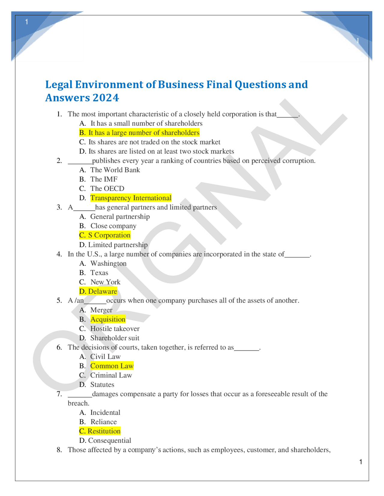 Legal Environment of Business Final Questions and Answers 2024 | Exams ...