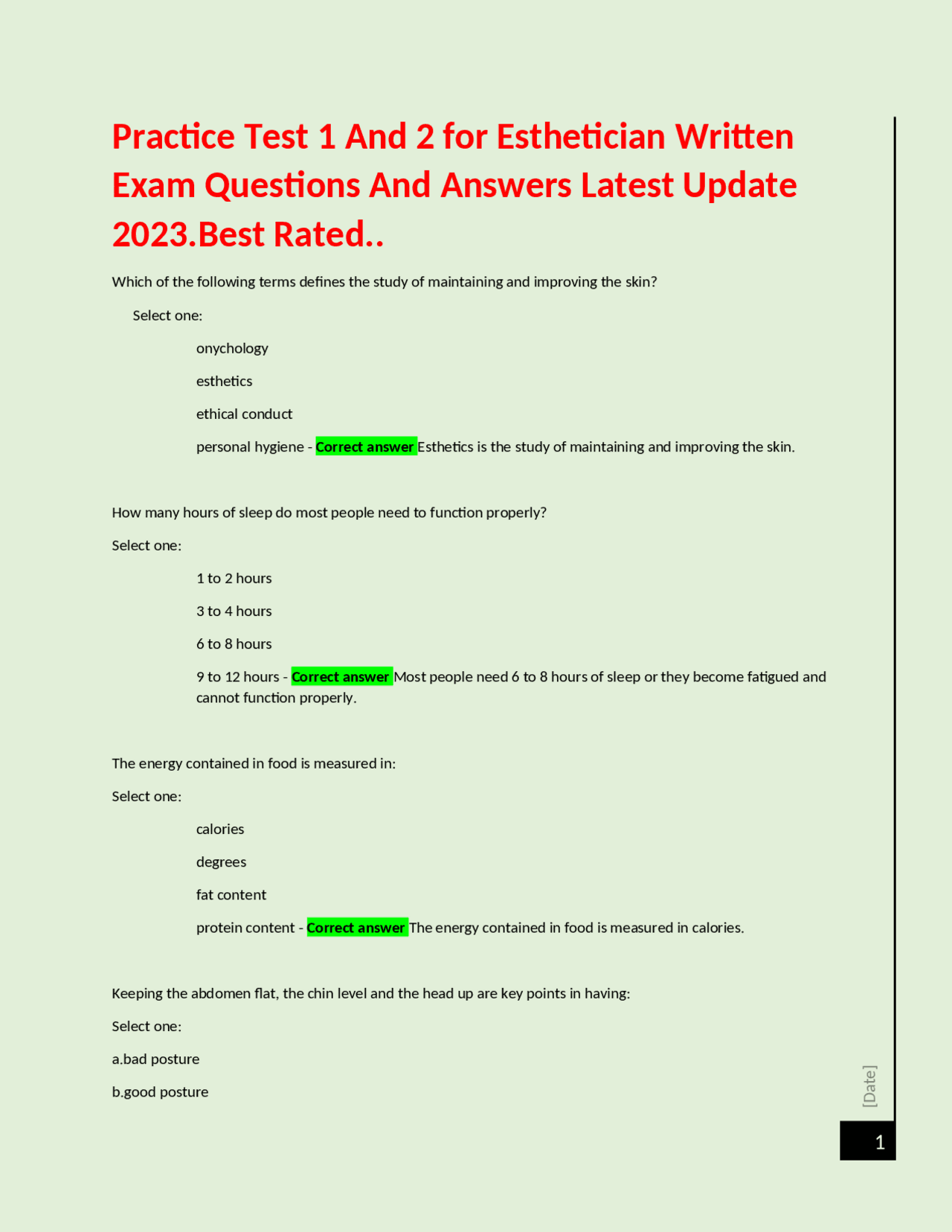 Practice Test 1 And 2 for Esthetician Written Exam Questions And Ans ...