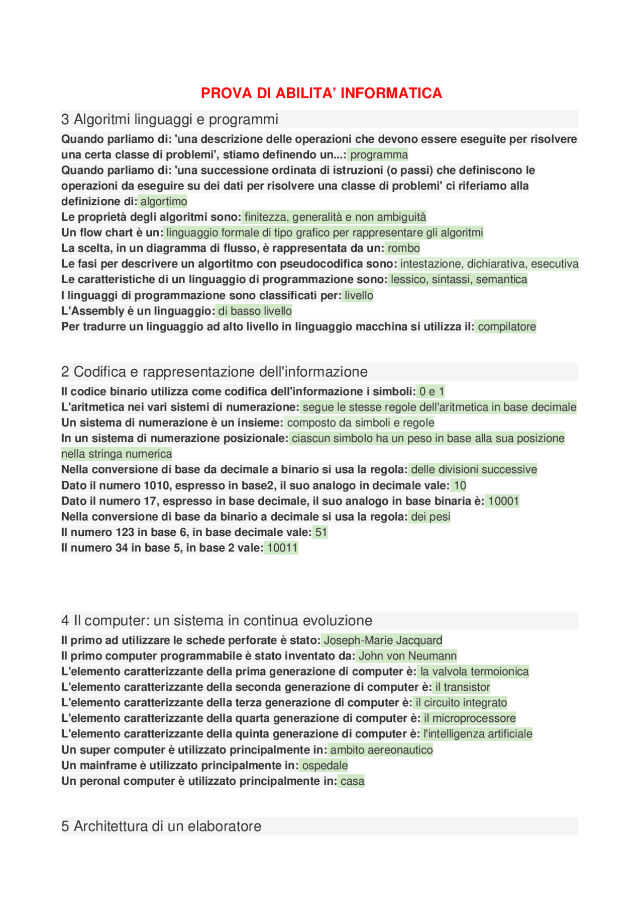 Prova di abilita informatica + fuori piattaforma domande extra | Prove d'esame di Elementi di ...