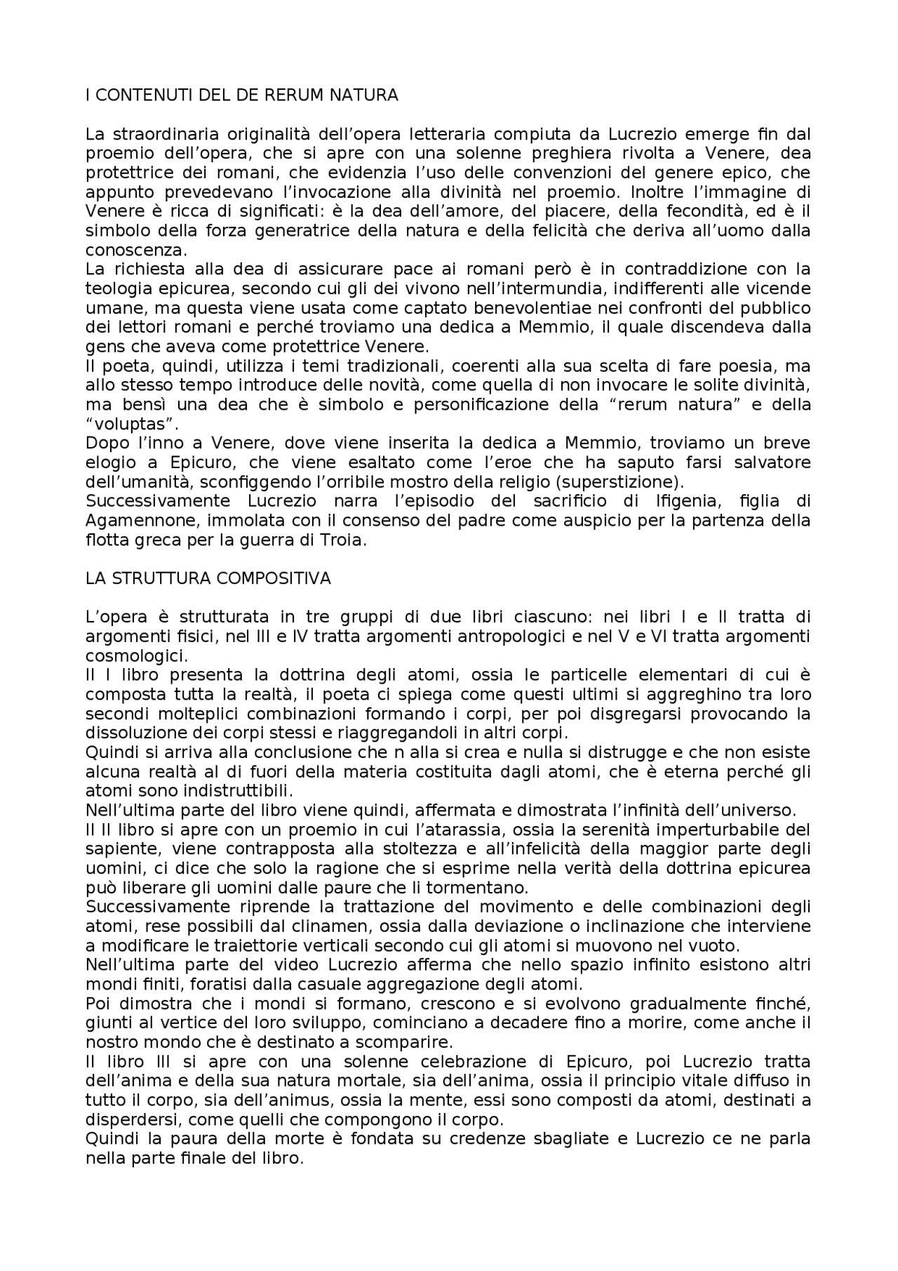 Latino Lucrezio De Rerum Natura Dispense Di Latino Docsity