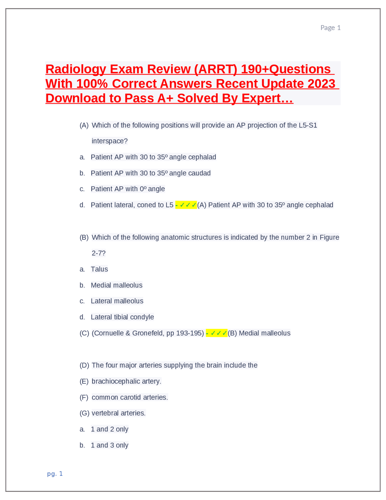 Radiology Exam Review (ARRT) 190+Questions With 100% Correct Answers Re ...