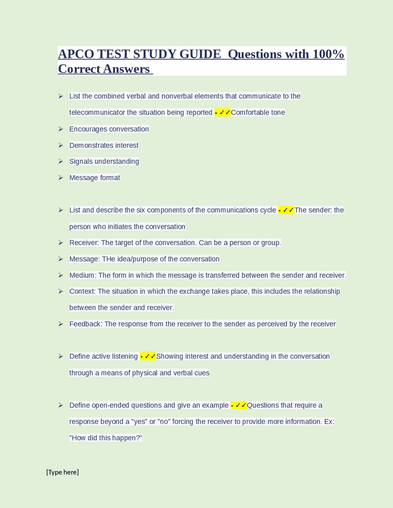 APCO TEST STUDY GUIDE Questions with 100% Correct Answers | Exams ...