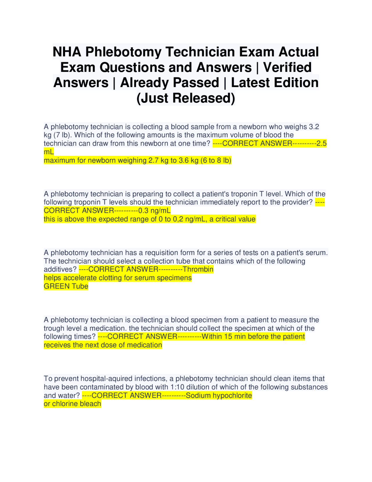NHA Phlebotomy Technician Exam Actual Exam Questions and Answers ...