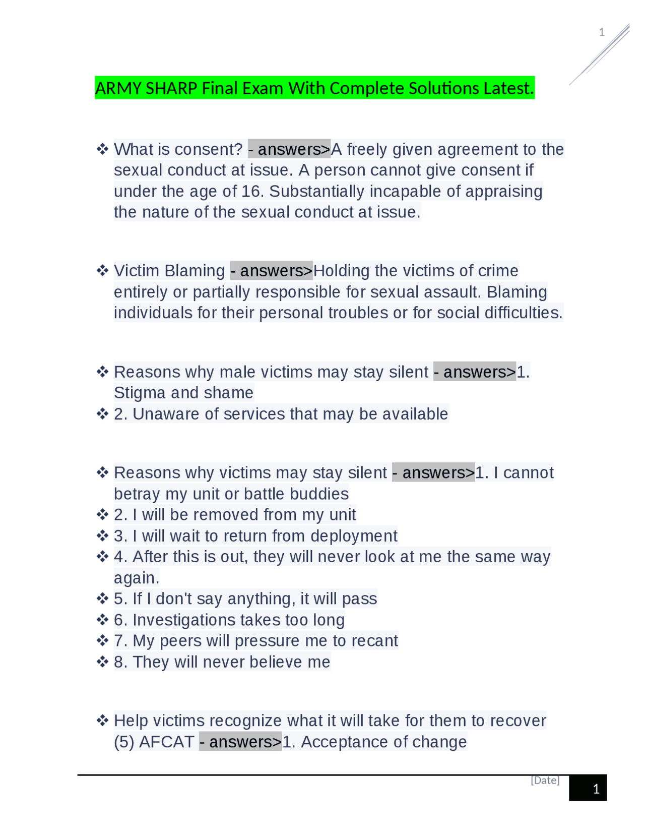 ARMY SHARP Final Exam With Complete Solutions Latest. | Exams Law | Docsity