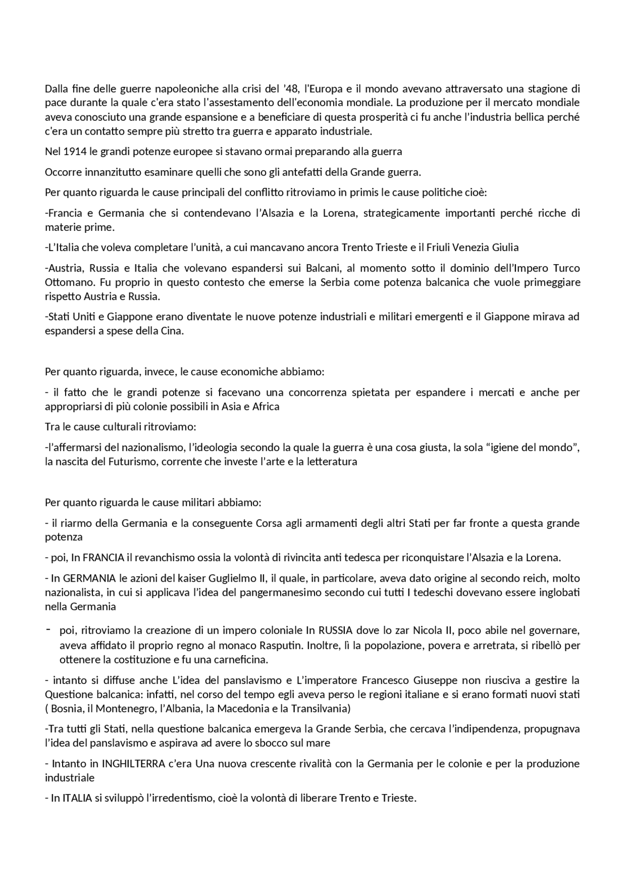 Storia Prima Guerra Mondiale Dispense Di Storia Docsity