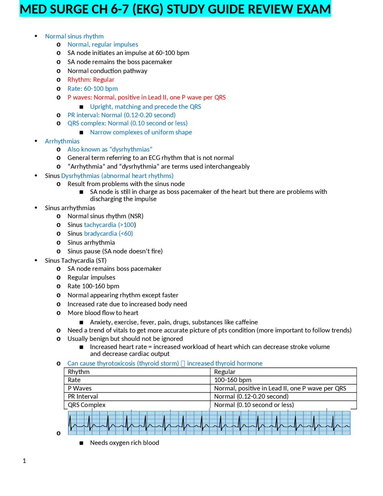 MED SURGE CH 6-7 (EKG) STUDY GUIDE REVIEW EXAM | Exams Nursing | Docsity