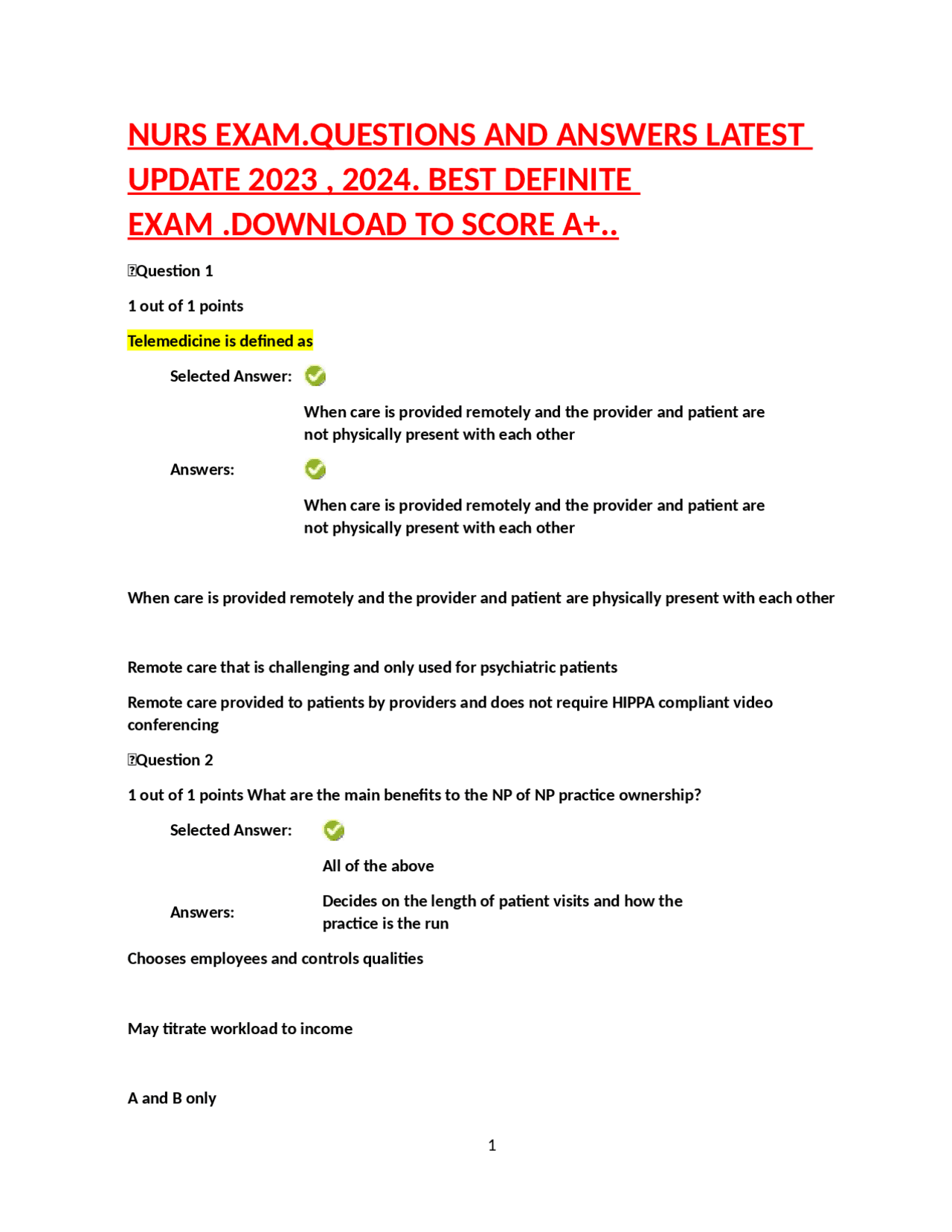 Nurs Examquestions And Answers Latest Update 2023 2024 Best