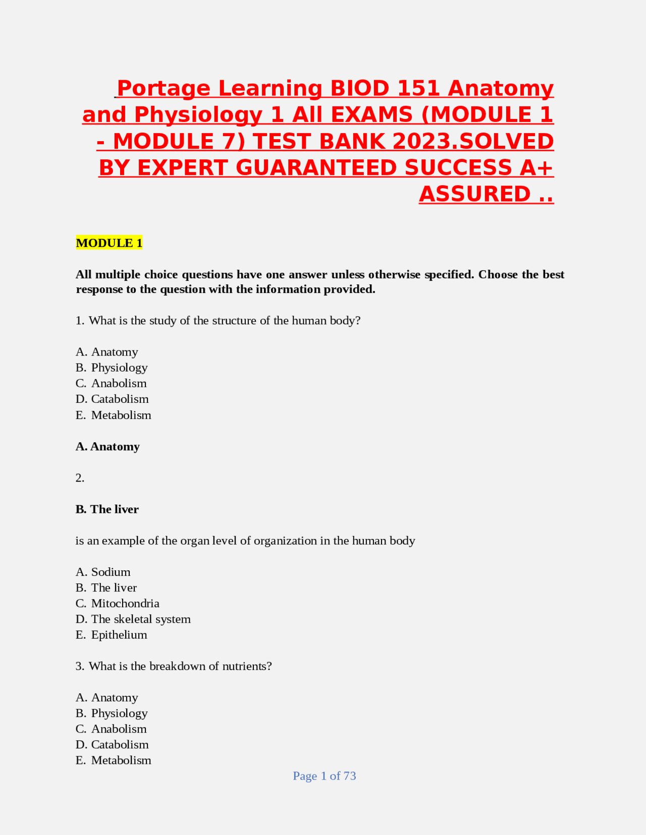 Portage Learning BIOD 151 Anatomy and Physiology 1All EXAMS (MODULE 1 ...
