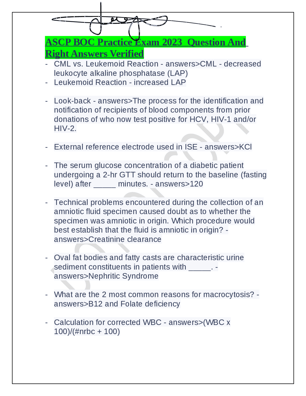ASCP BOC Practice Exam 2023 Question And Right Answers Verified | Exams ...