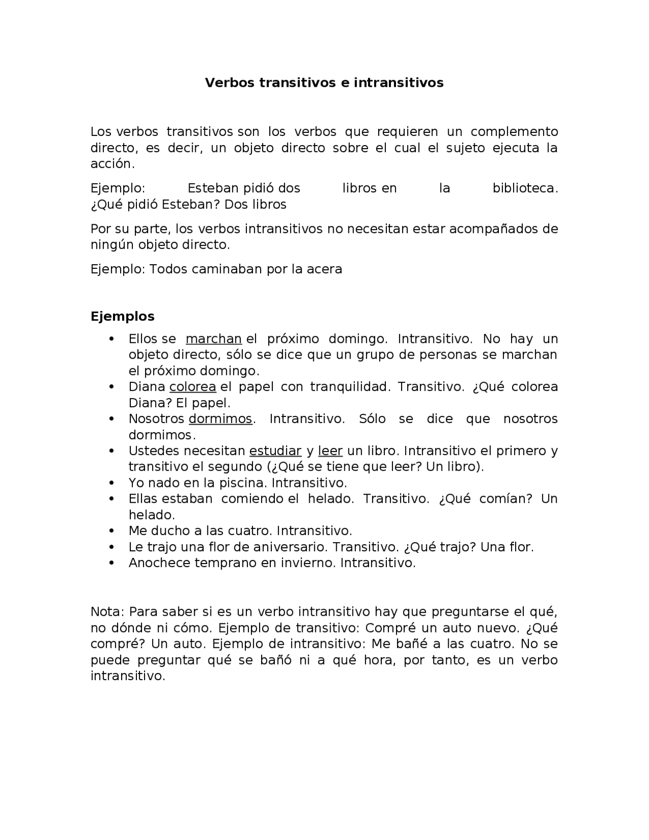 Hoja De Trabajo Sobre Verbos Transitivos