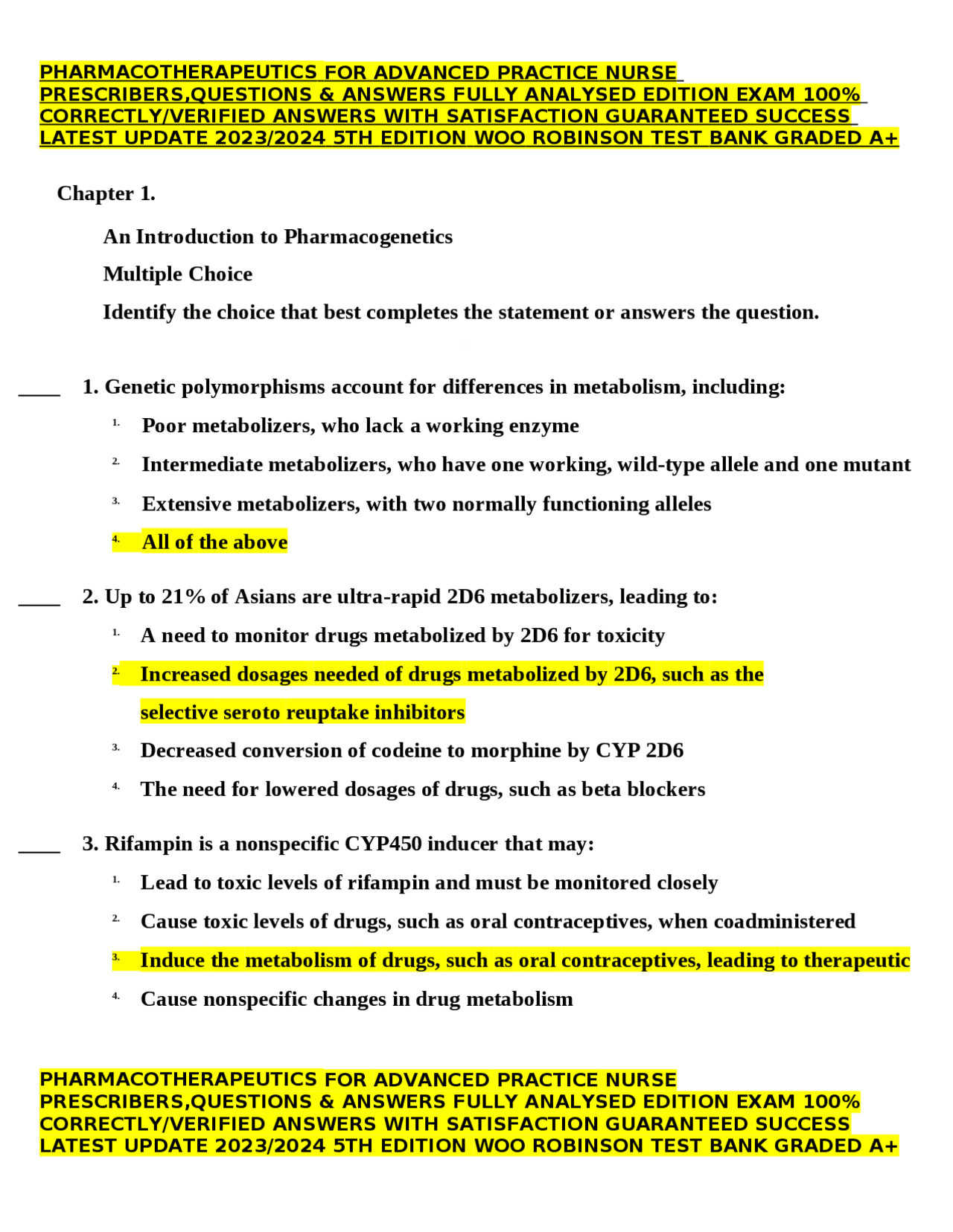 PHARMACOTHERAPEUTICS FOR ADVANCED PRACTICE NURSE PRESCRIBERS,QUESTIONS ...