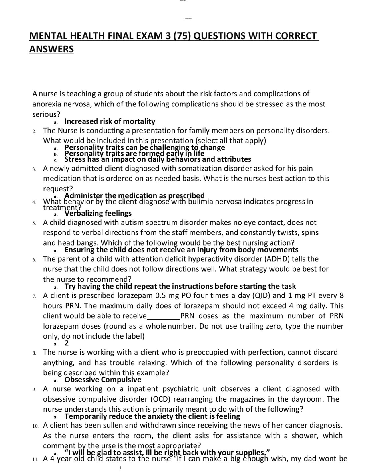 MENTAL HEALTH FINAL EXAM 3 (75) QUESTIONS WITH CORRECT ANSWERS | Exams ...