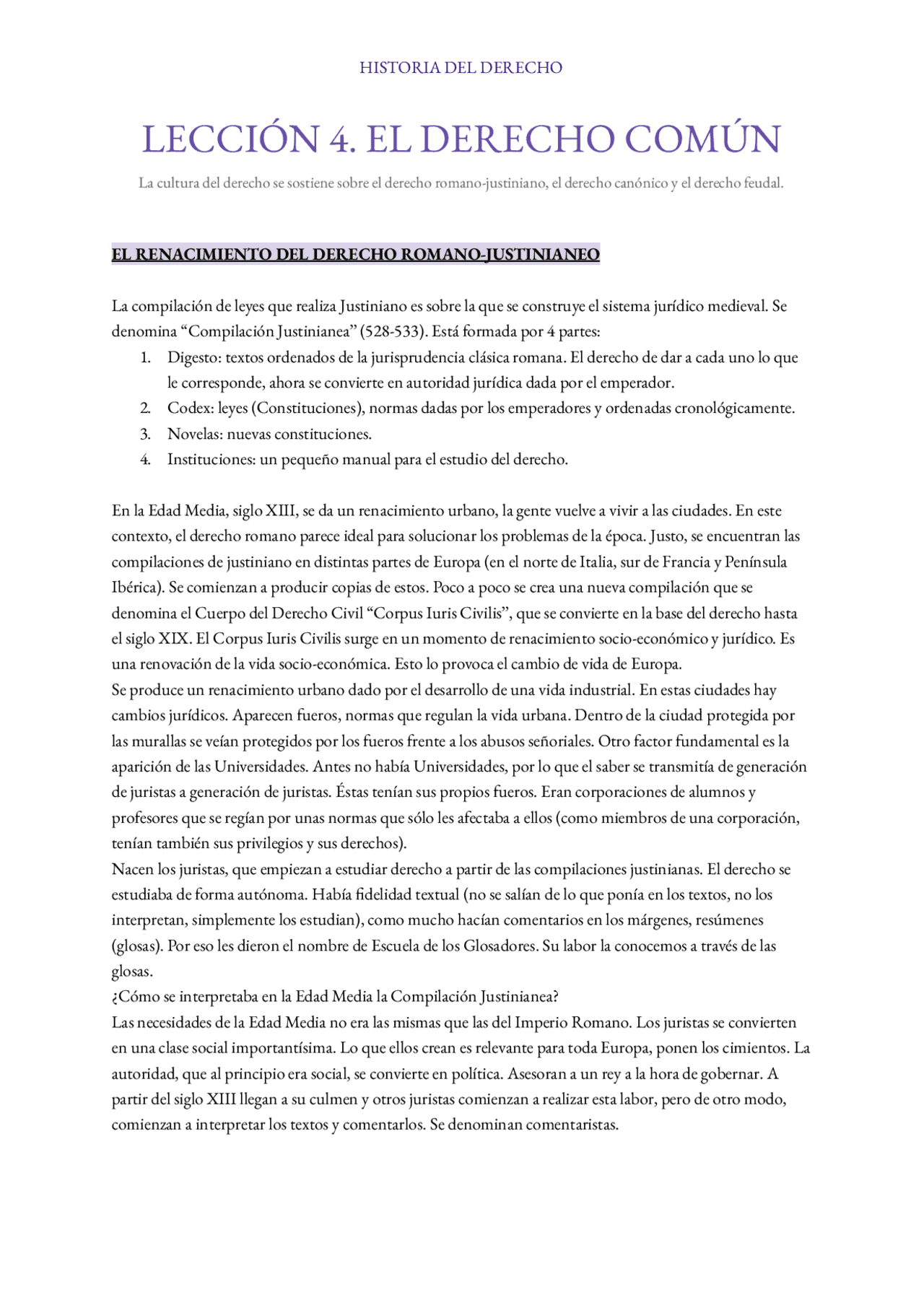 Lección 4 Derecho Común Resúmenes De Historia Del Derecho Docsity
