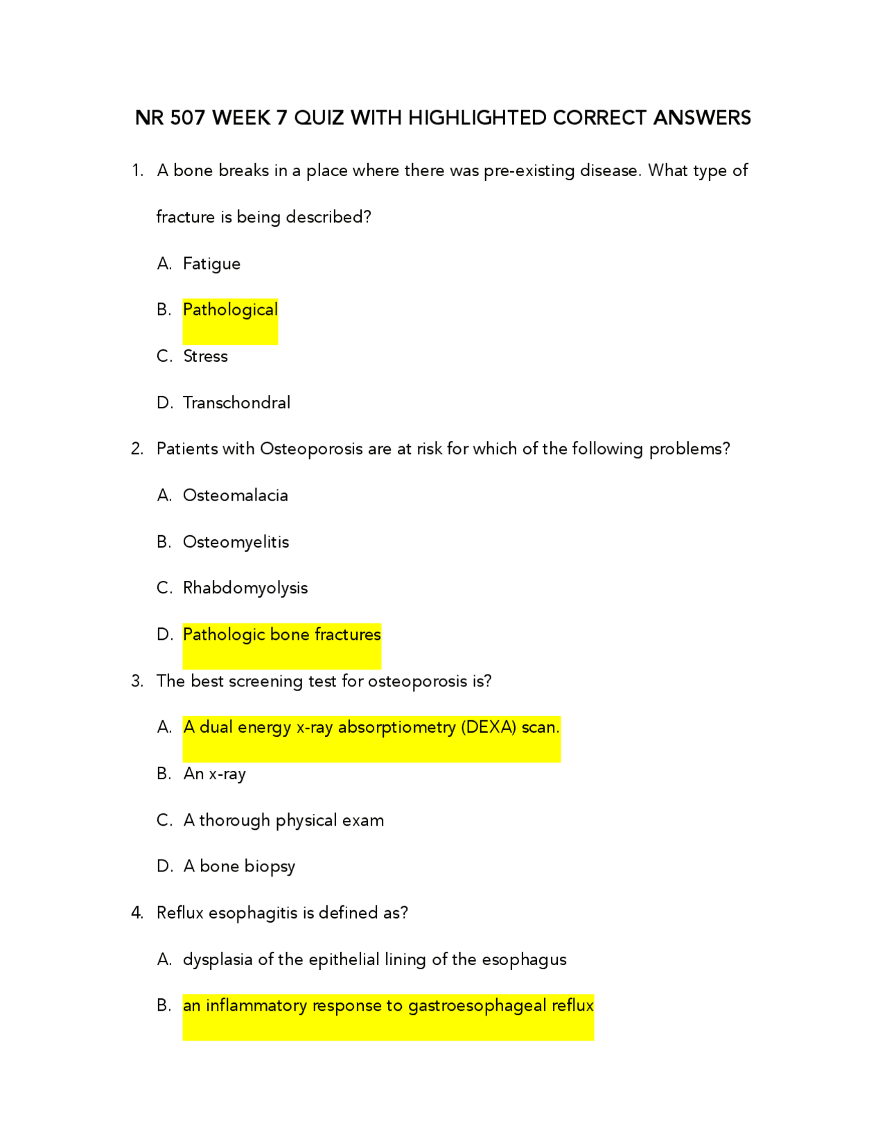 NR 507 WEEK 7 QUIZ WITH HIGHLIGHTED CORRECT ANSWERS | Quizzes Nursing | Docsity