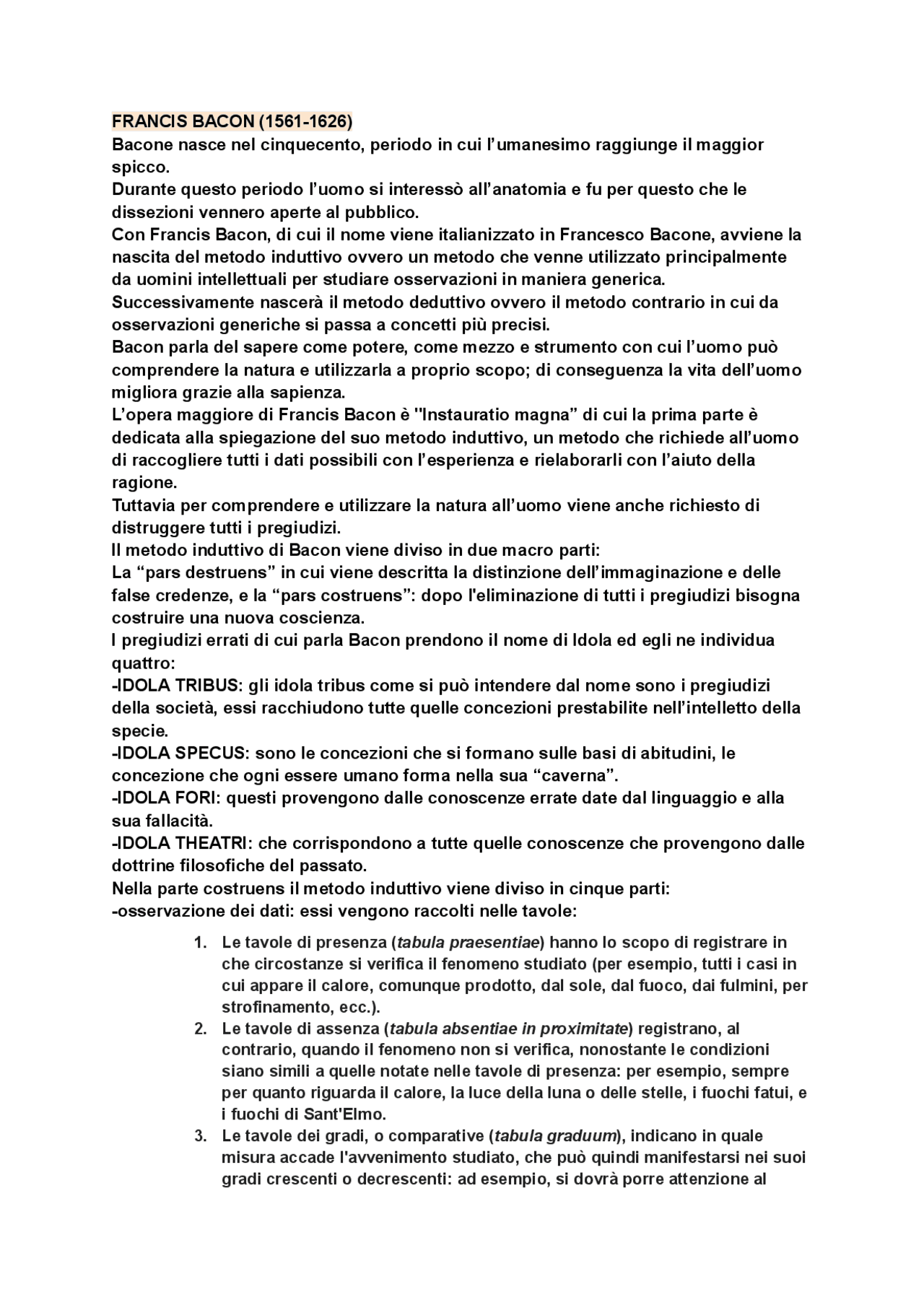 Francesco Bacone Francis Bacon Appunti Di Filosofia Docsity