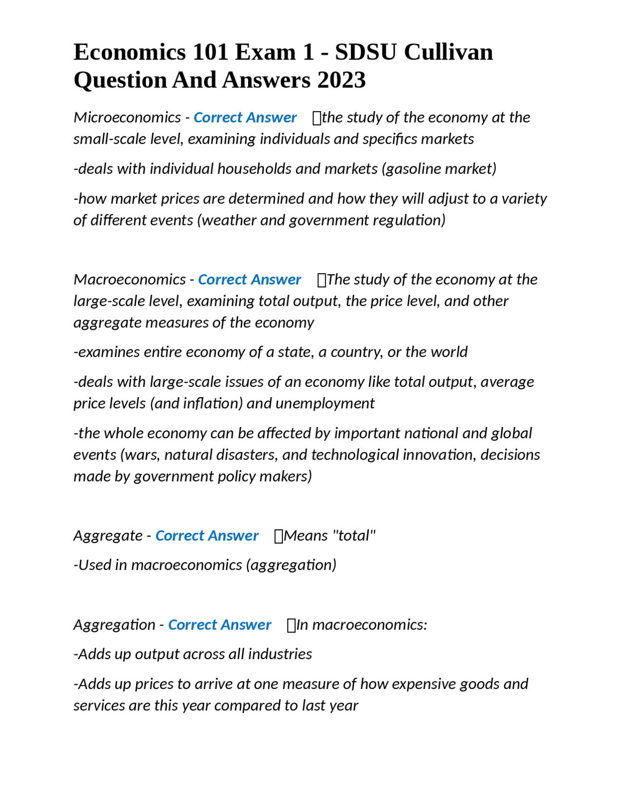 Economics 101 Exam 1 - SDSU Cullivan Question And Answers 2023 | Exams Nursing | Docsity