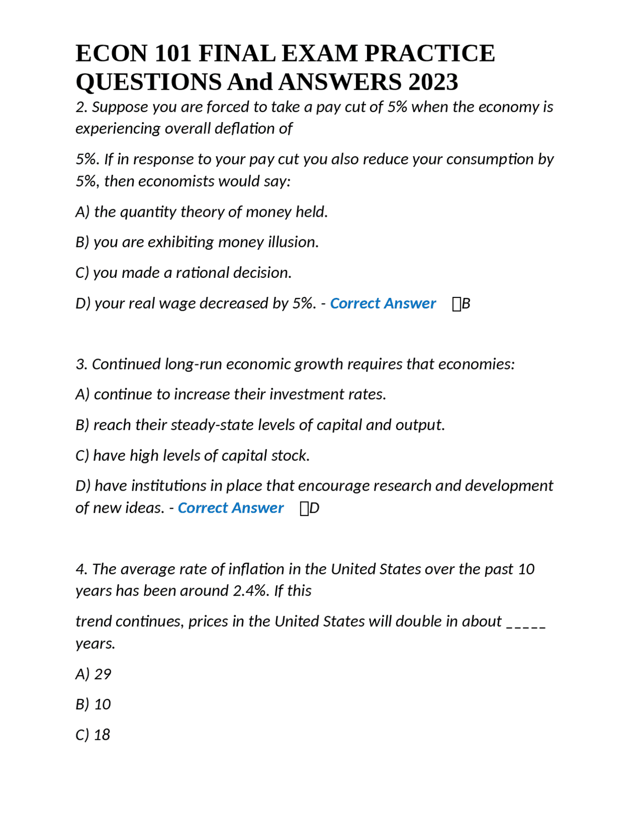 ECON 101 FINAL EXAM PRACTICE QUESTIONS And ANSWERS 2023 | Exams Nursing ...